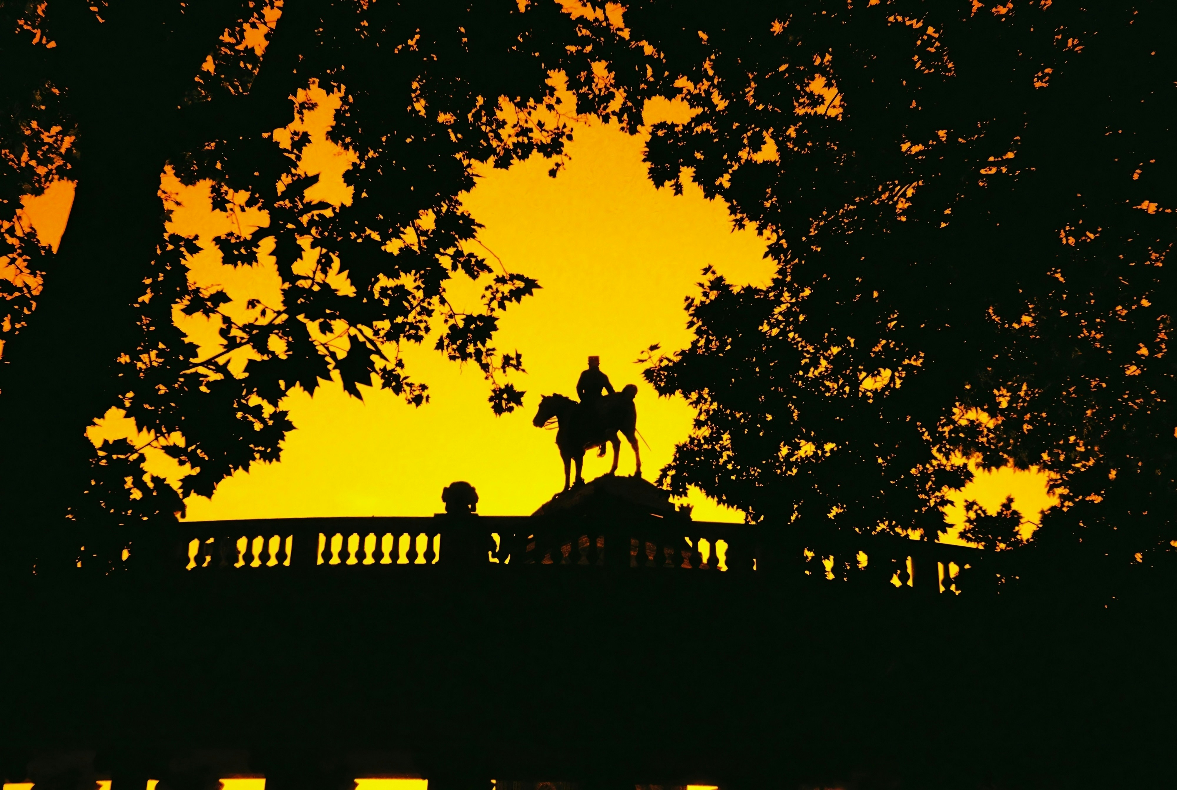 Silhouette of a statue during a golden sunset.