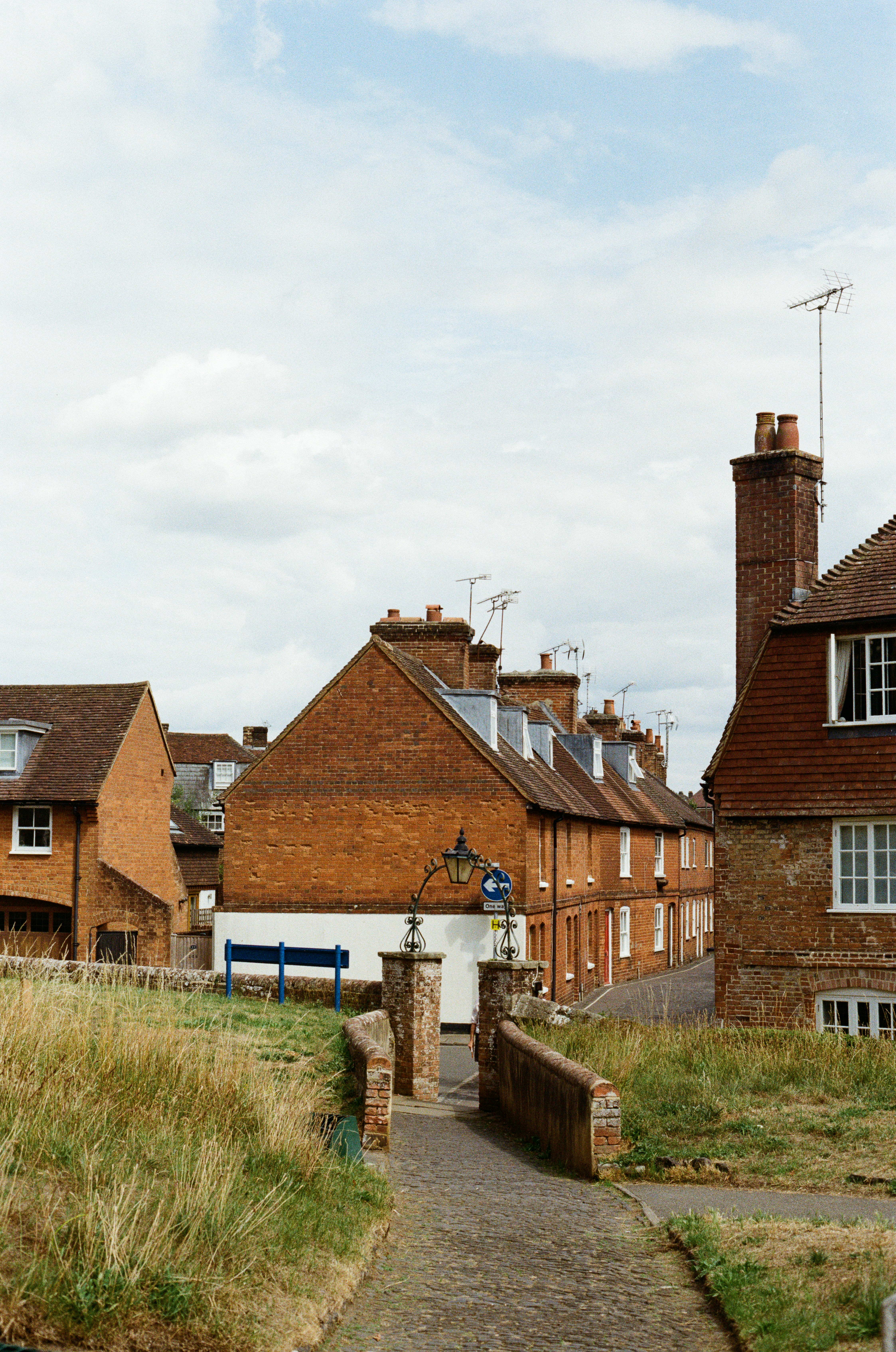 Picturesque brick buildings in a quaint, old town.