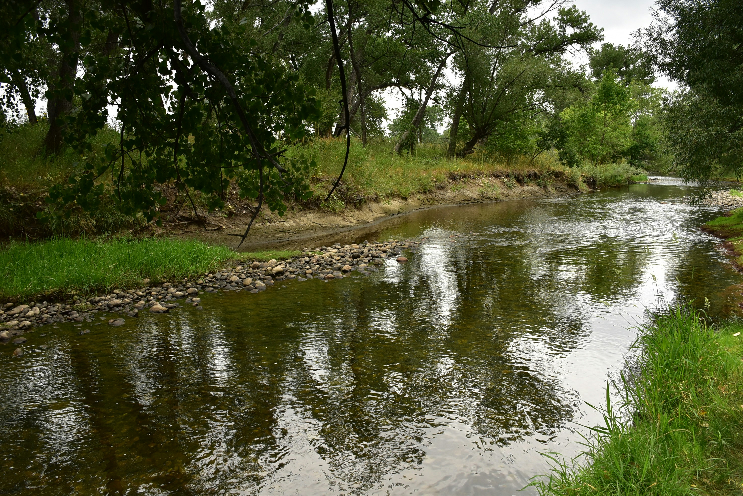 A river flows through a grassy, wooded landscape.