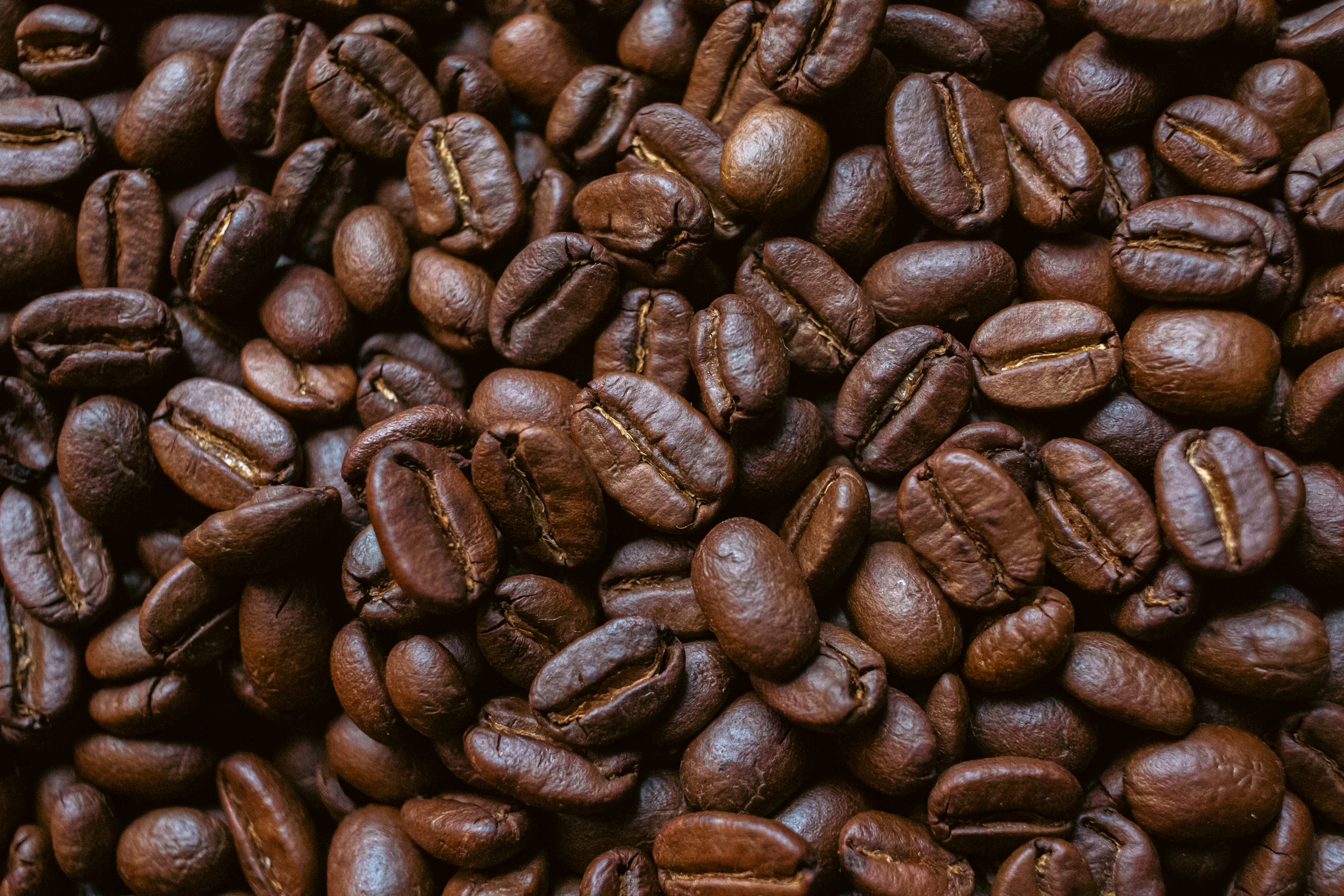 Roasted coffee beans piled together.