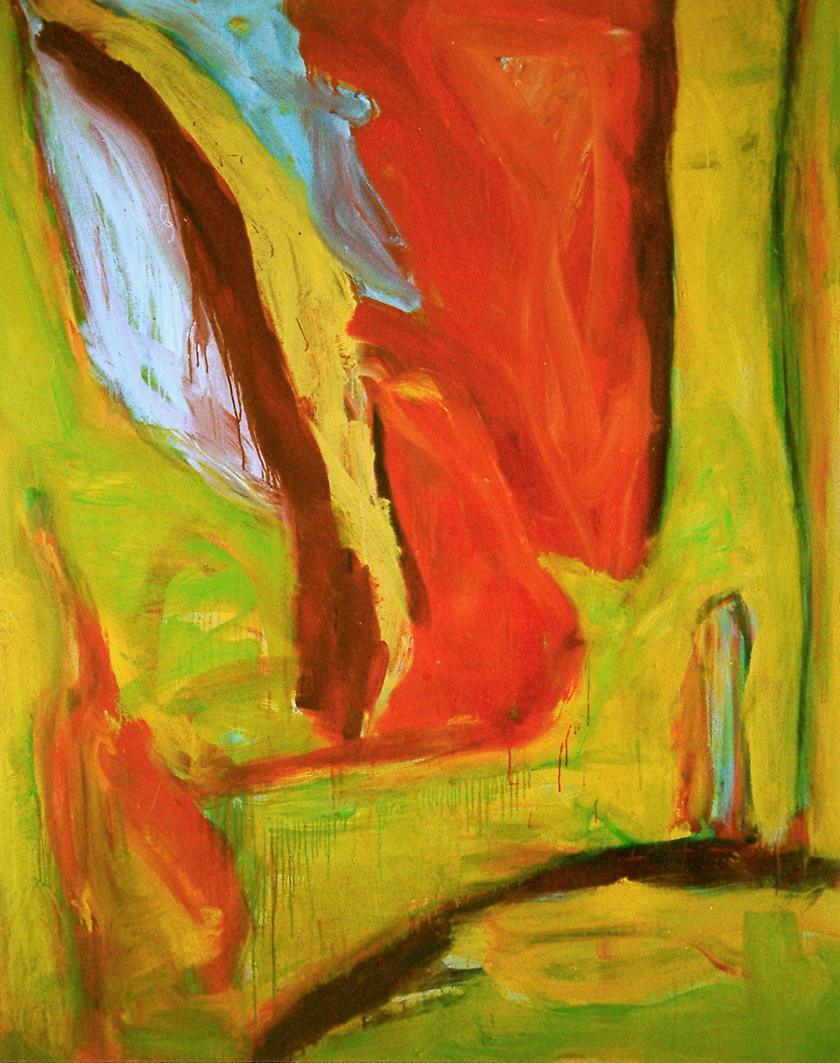 title no. '4.090' - modern abstract art - a large colorful wall painting on canvas which I painted in 1998 in oil paint, mainly in colors red and yellow. Free download art image in high resolution - artist Fons Heijnbroek. | Abstract painting features various shapes and colors.