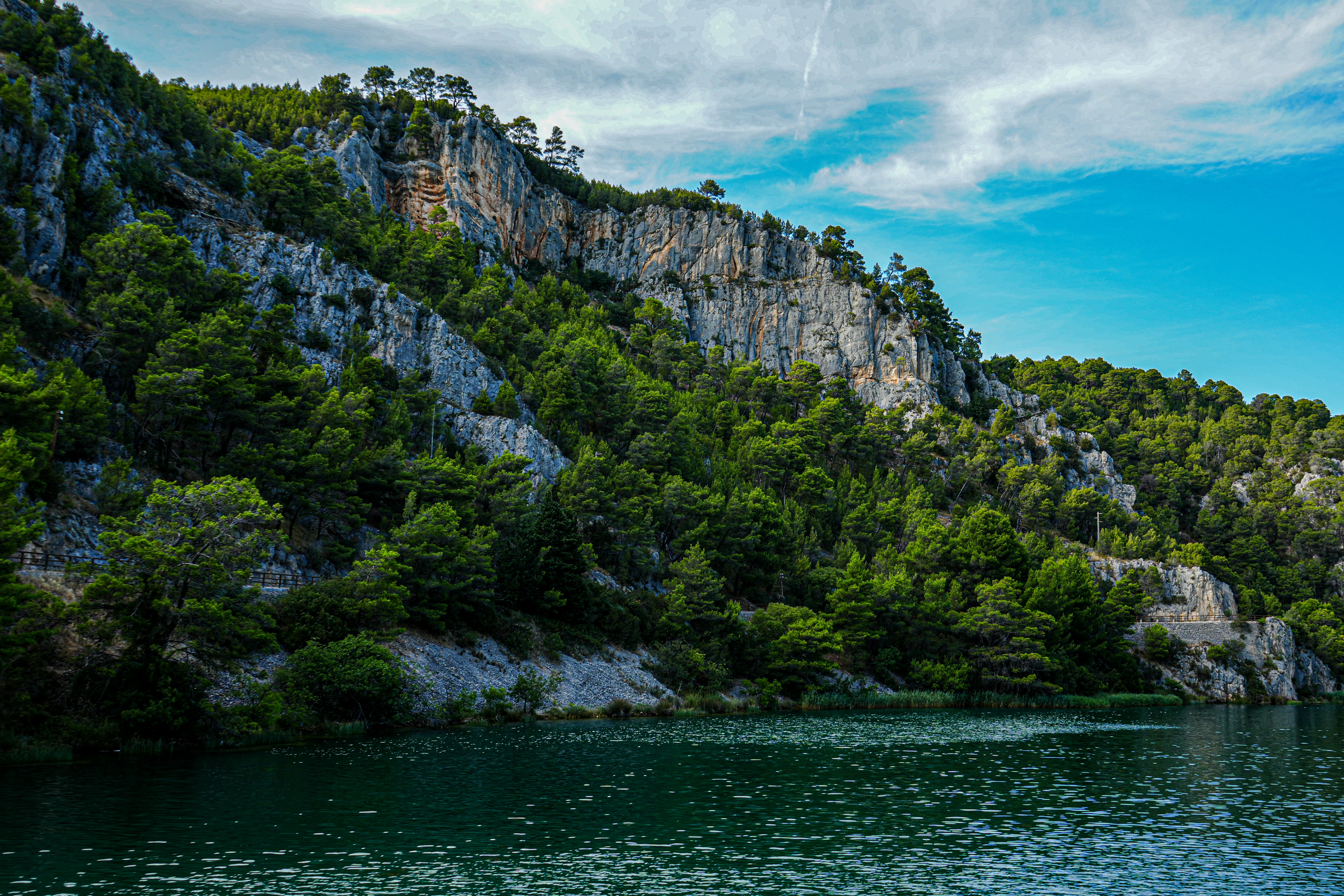 Lush green trees cascade down rugged cliffs beside tranquil emerald waters, reflecting the serene sky above.