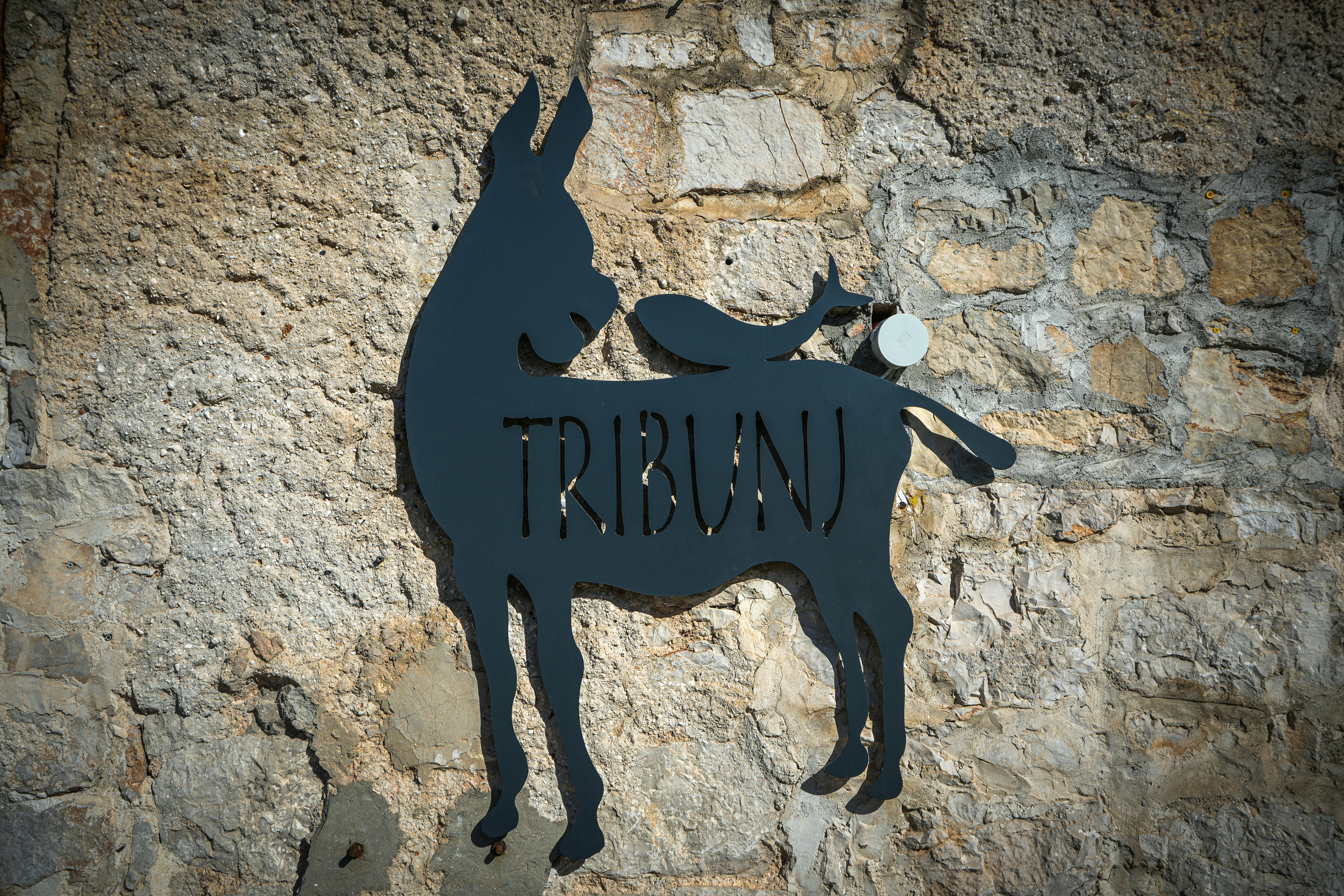 A metal donkey sign is affixed to a stone wall.