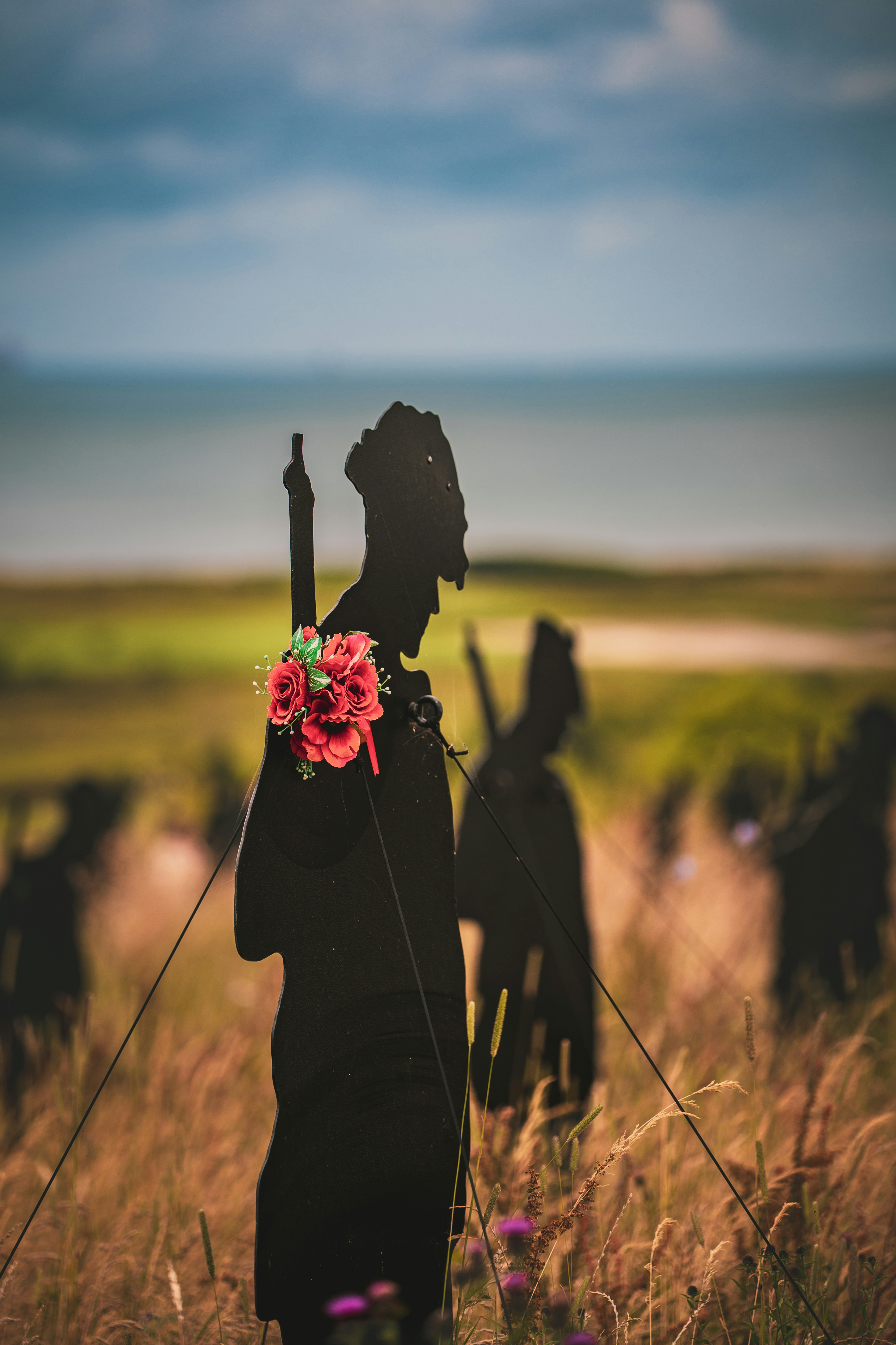 Silhouetted figures adorned with flowers stand solemnly in a grassy field, overlooking a serene coastal landscape.
