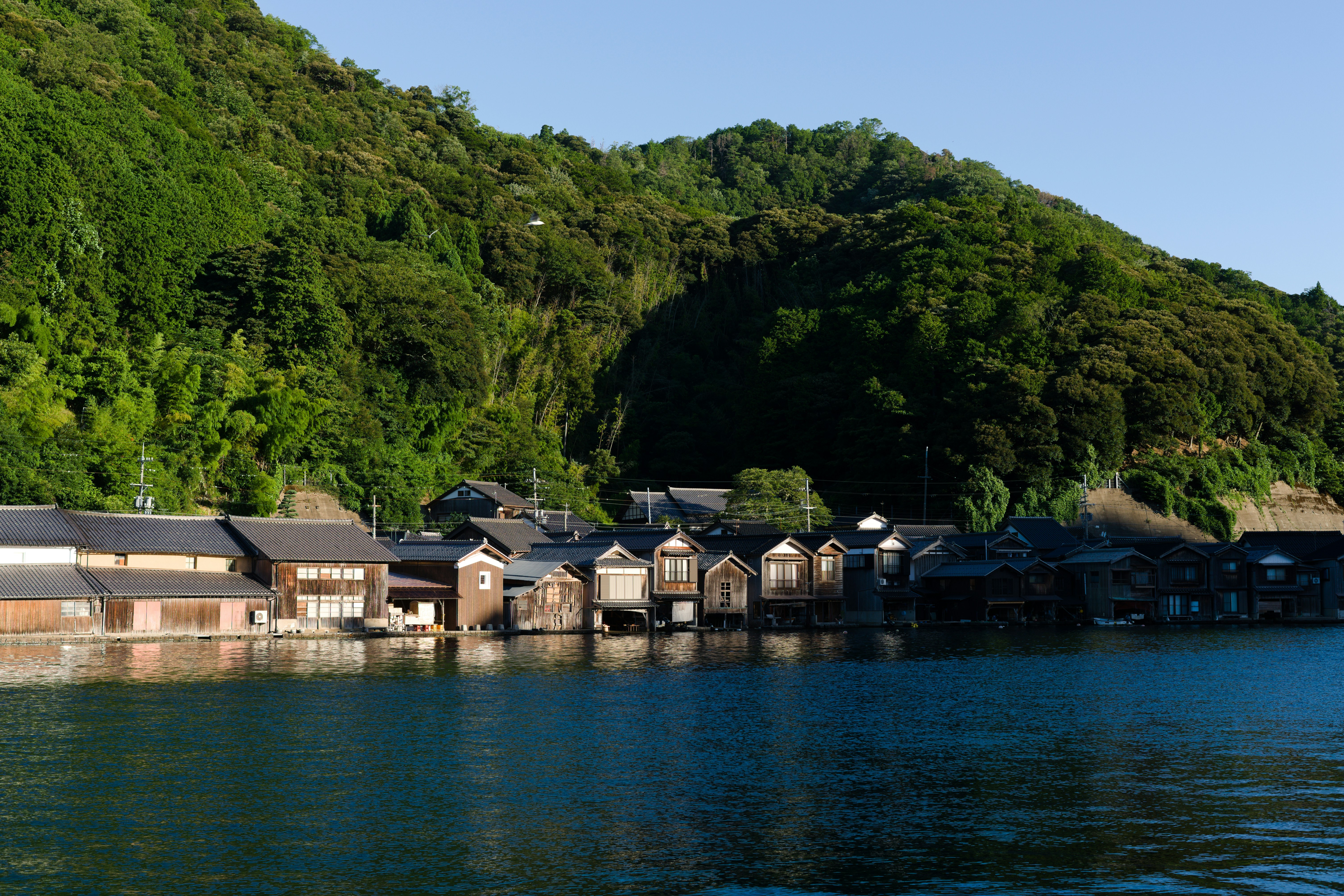 Charming waterfront houses line a tranquil bay, nestled against a lush green hillside. The scene captures the harmonious blend of architecture and natural beauty.