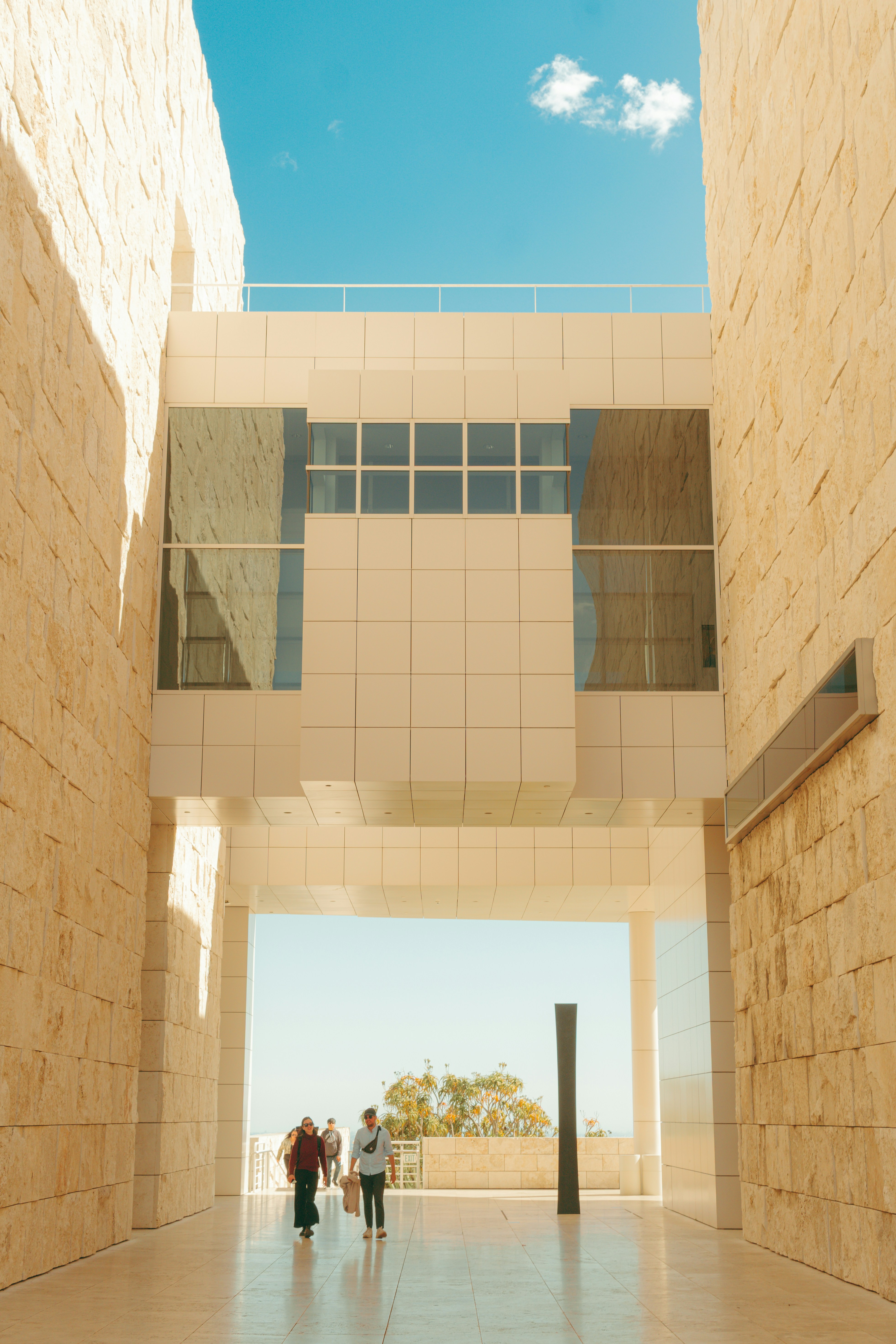 A modern architectural design with clear blue sky.