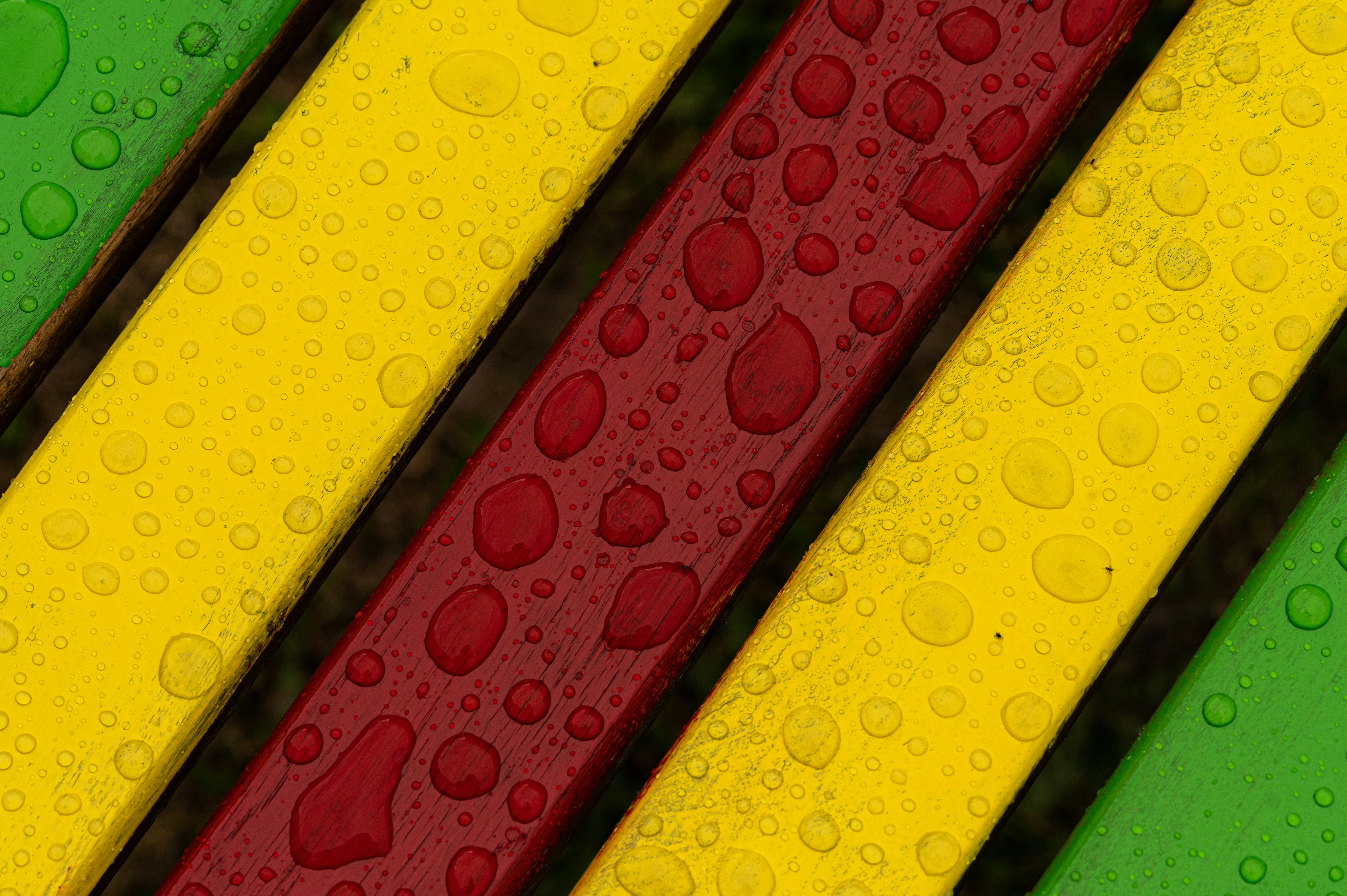 Colorful wooden planks in green, yellow, and red adorned with glistening water droplets after a rain shower.