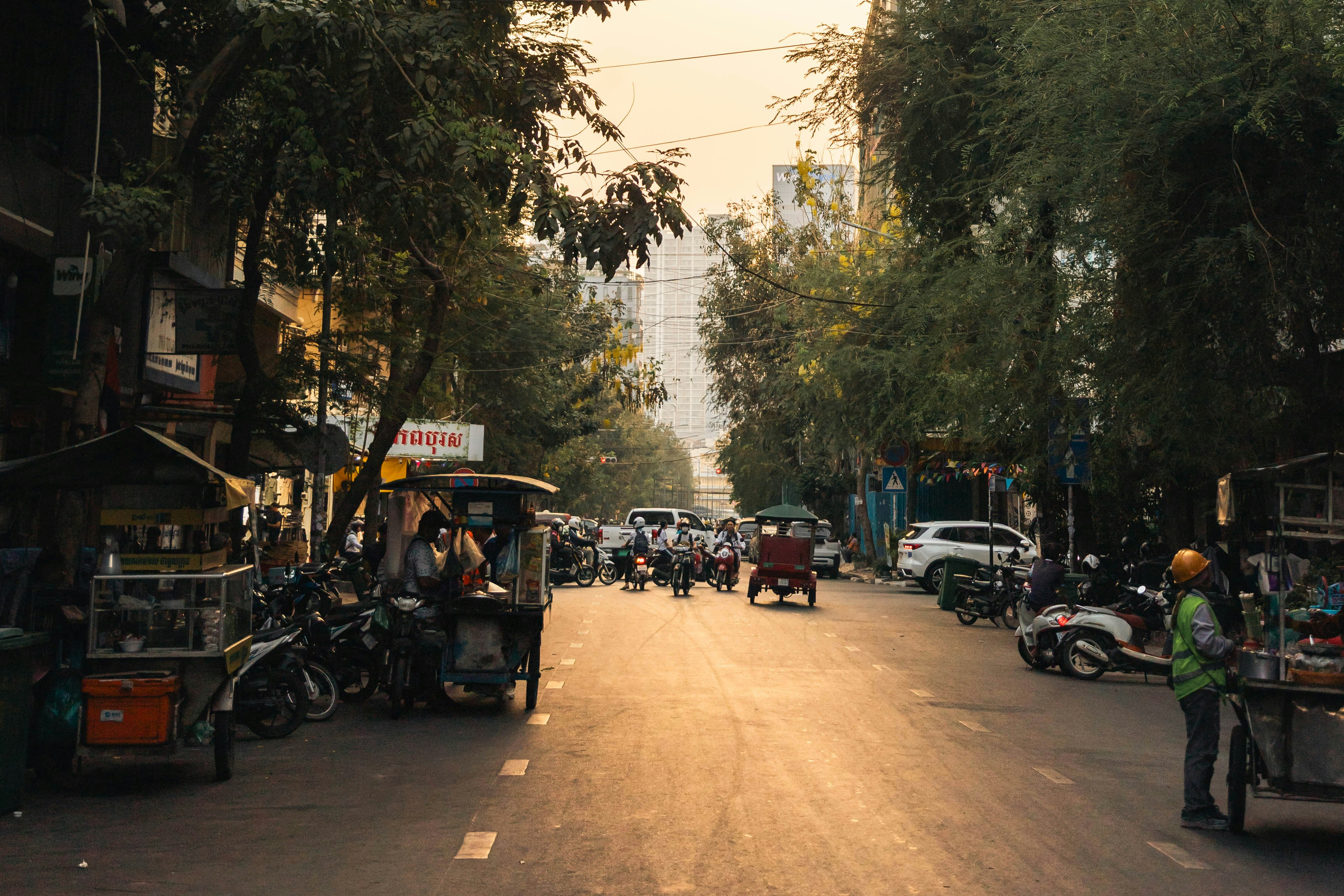 A busy street scene amidst trees and traffic.