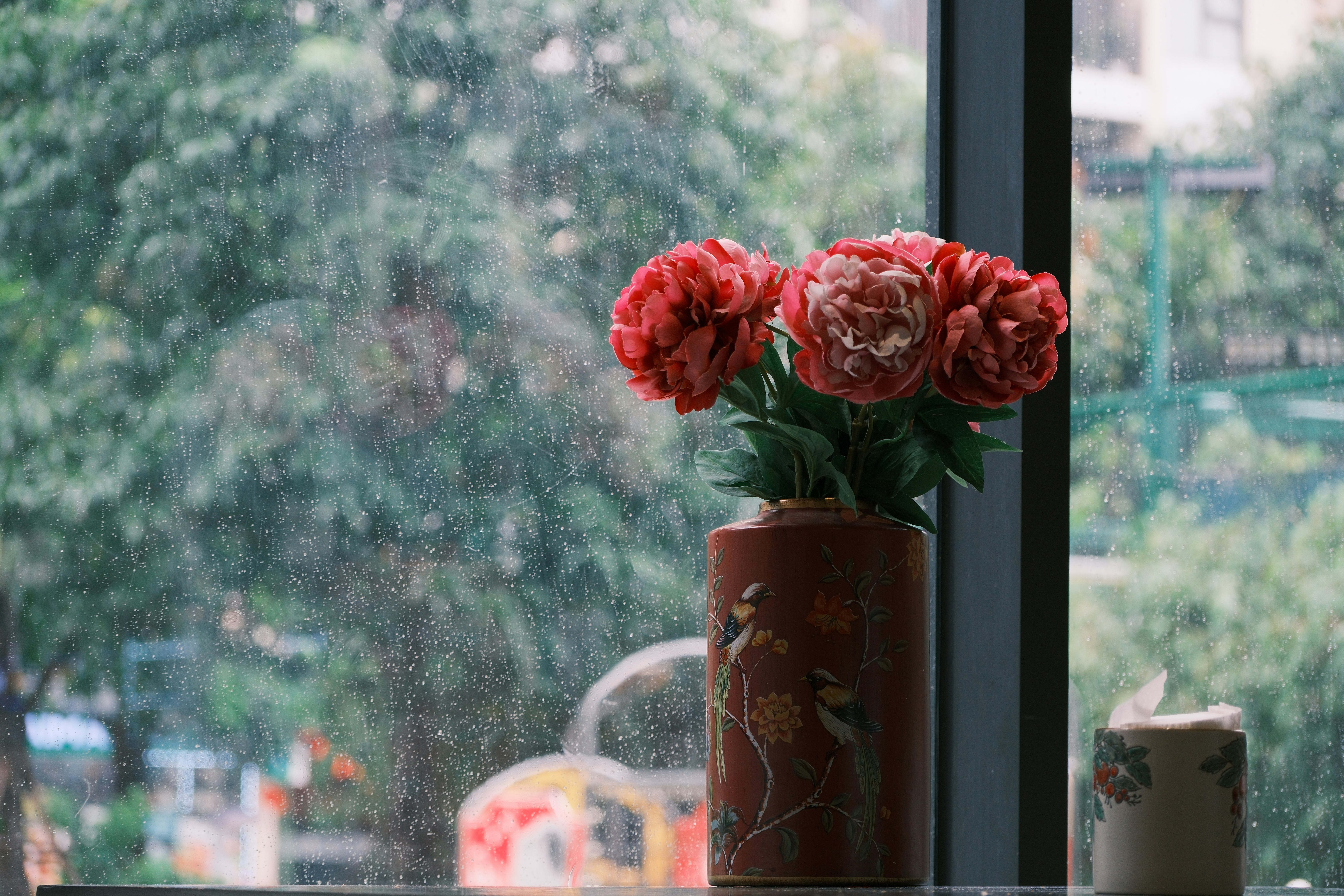 Roses in a Rain-Kissed Window Vase