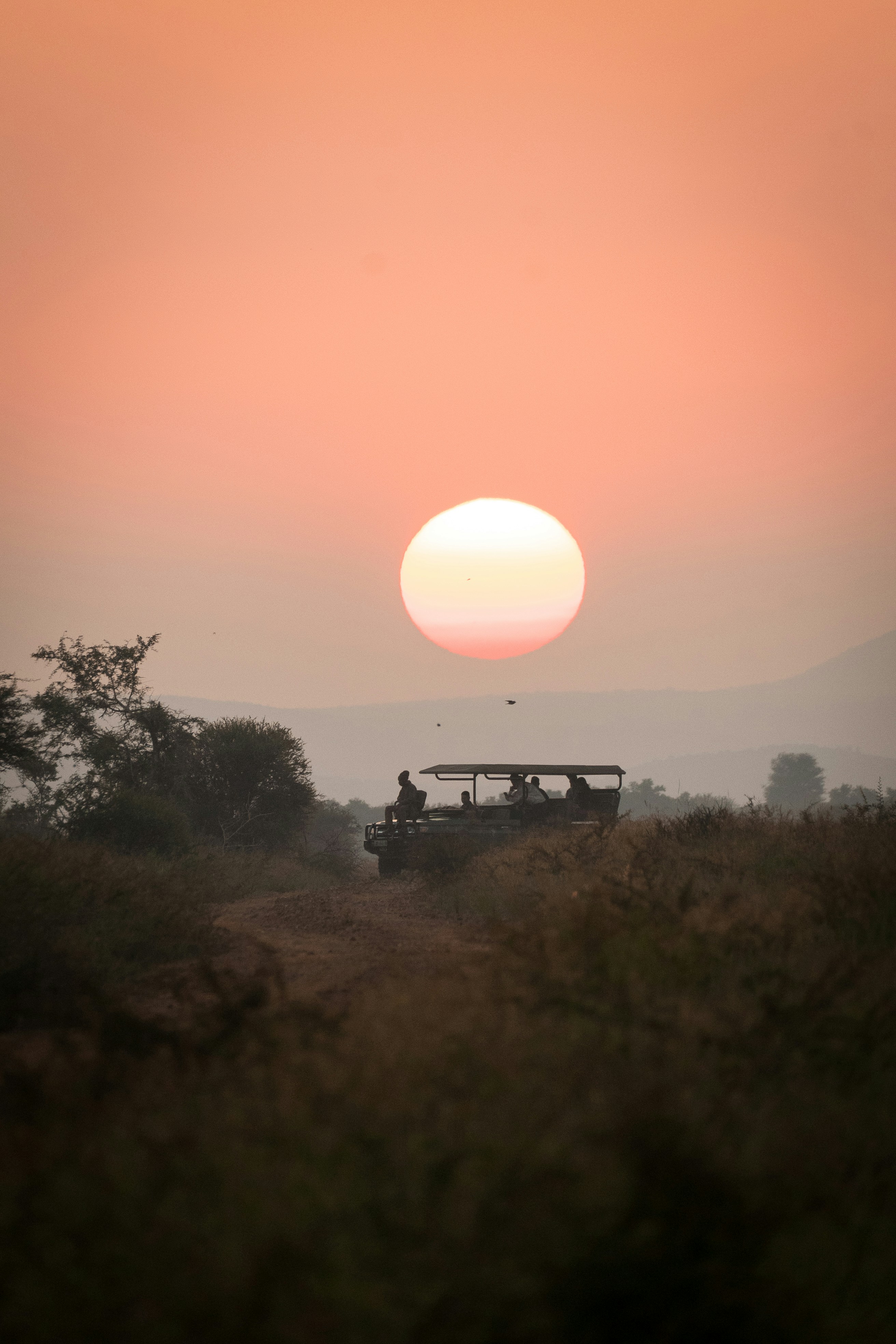 Safari vehicle silhouetted against a vibrant sunset, with the sun positioned prominently in the background. The scene captures the essence of adventure in the wild.