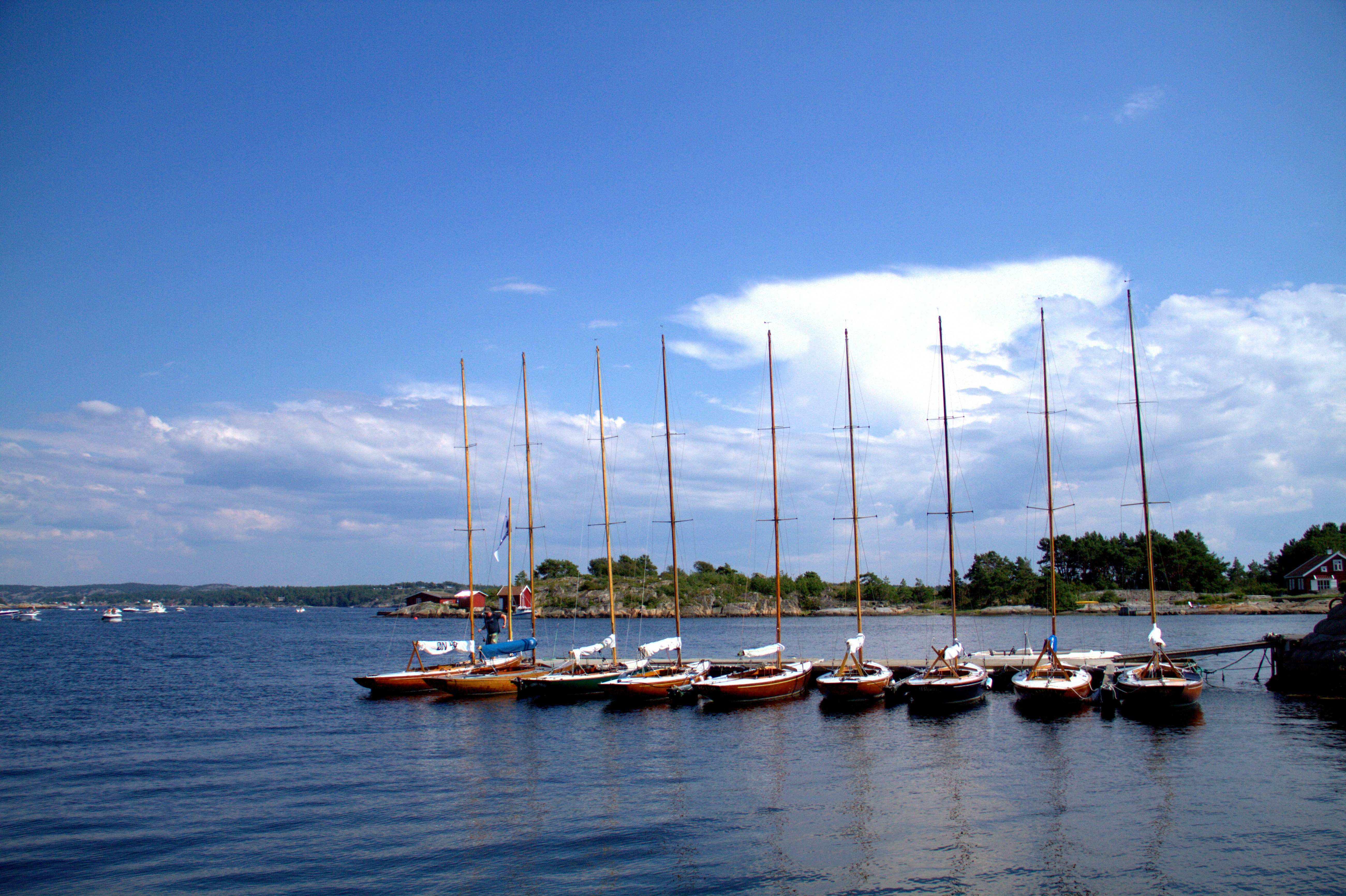 Sailboats lined up neatly at a dock, reflecting the calm waters under a blue sky with scattered clouds.