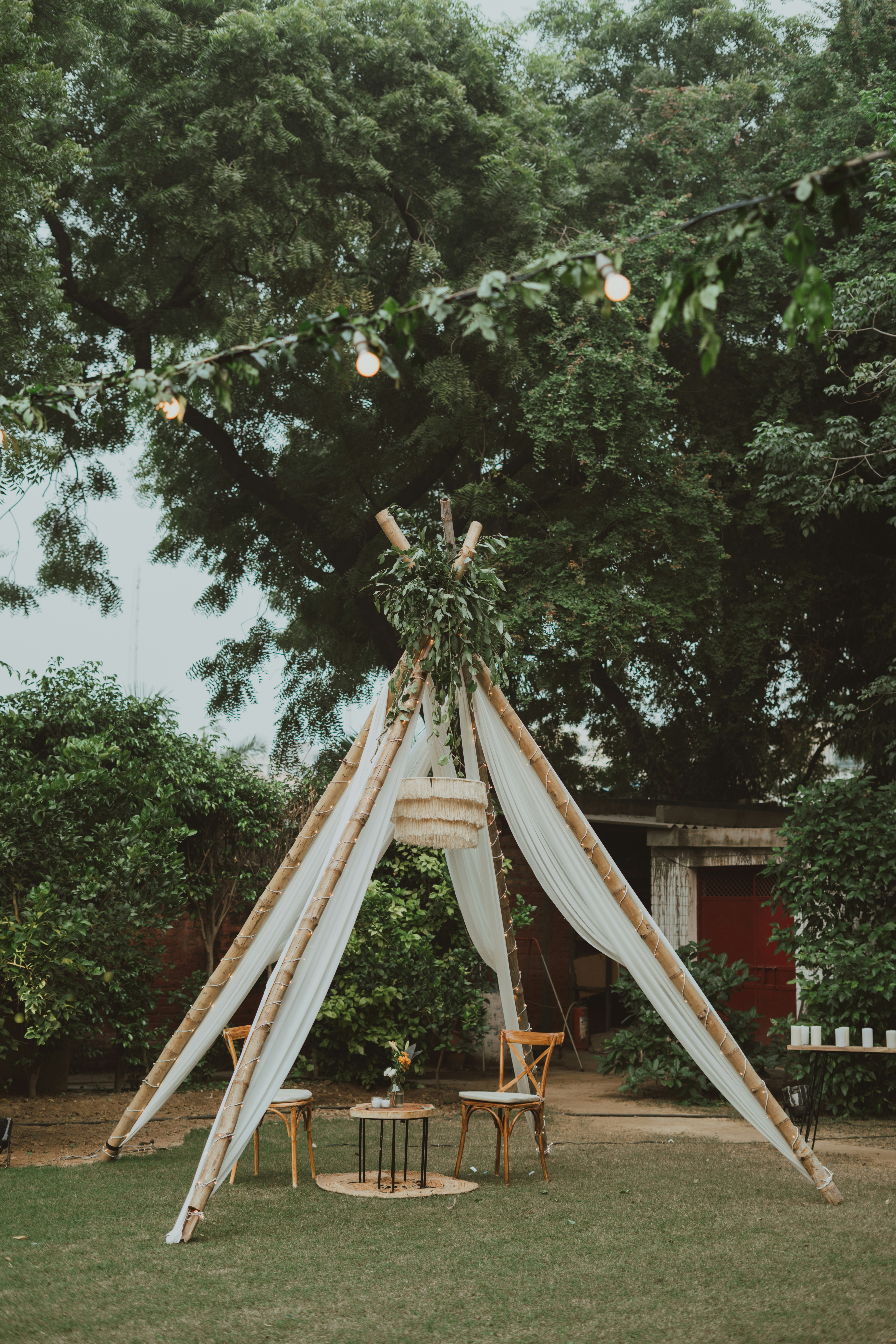 A charming bohemian outdoor seating area.