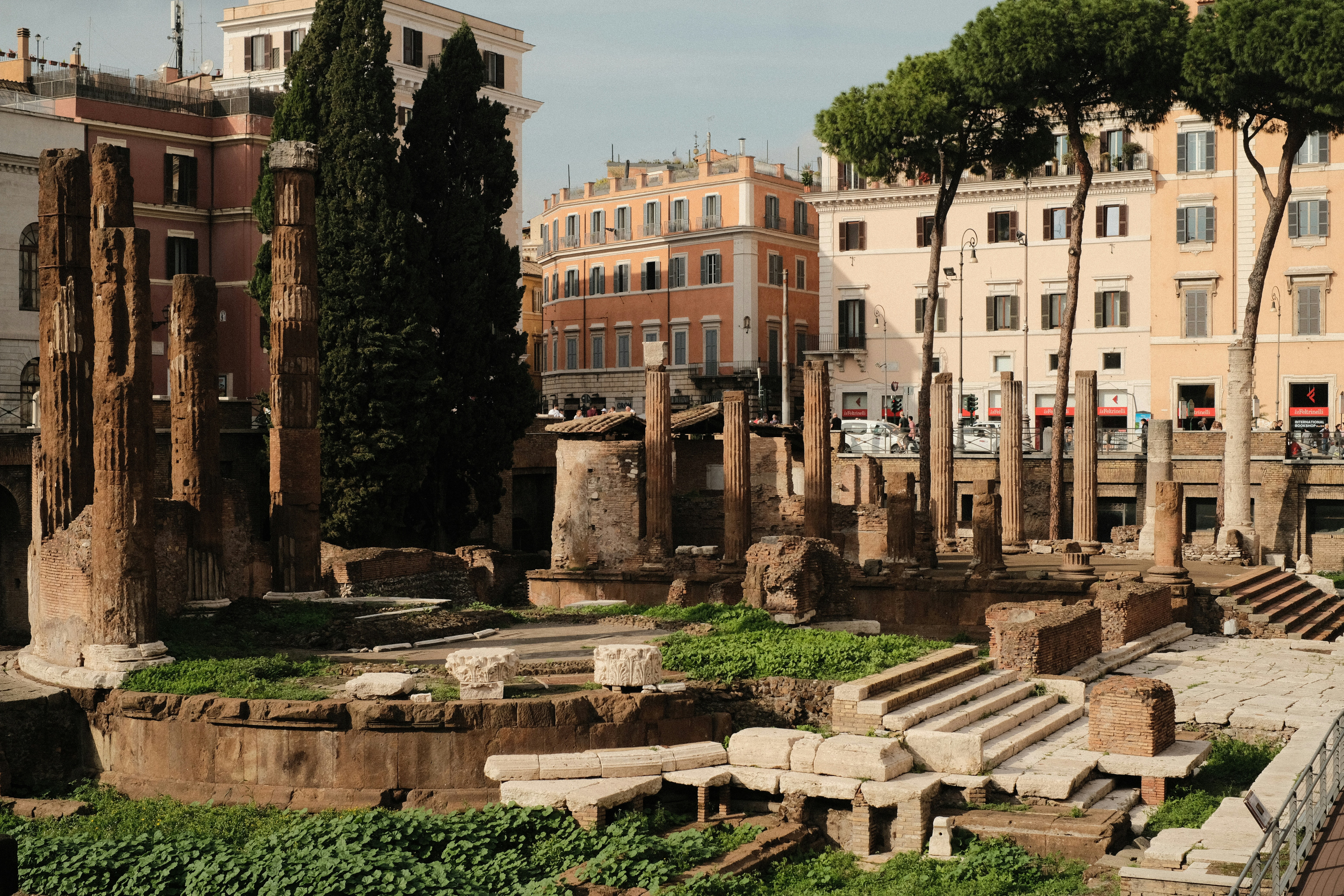 Ancient ruins surrounded by lush greenery, with remnants of columns and stone structures, set against a backdrop of historic architecture.