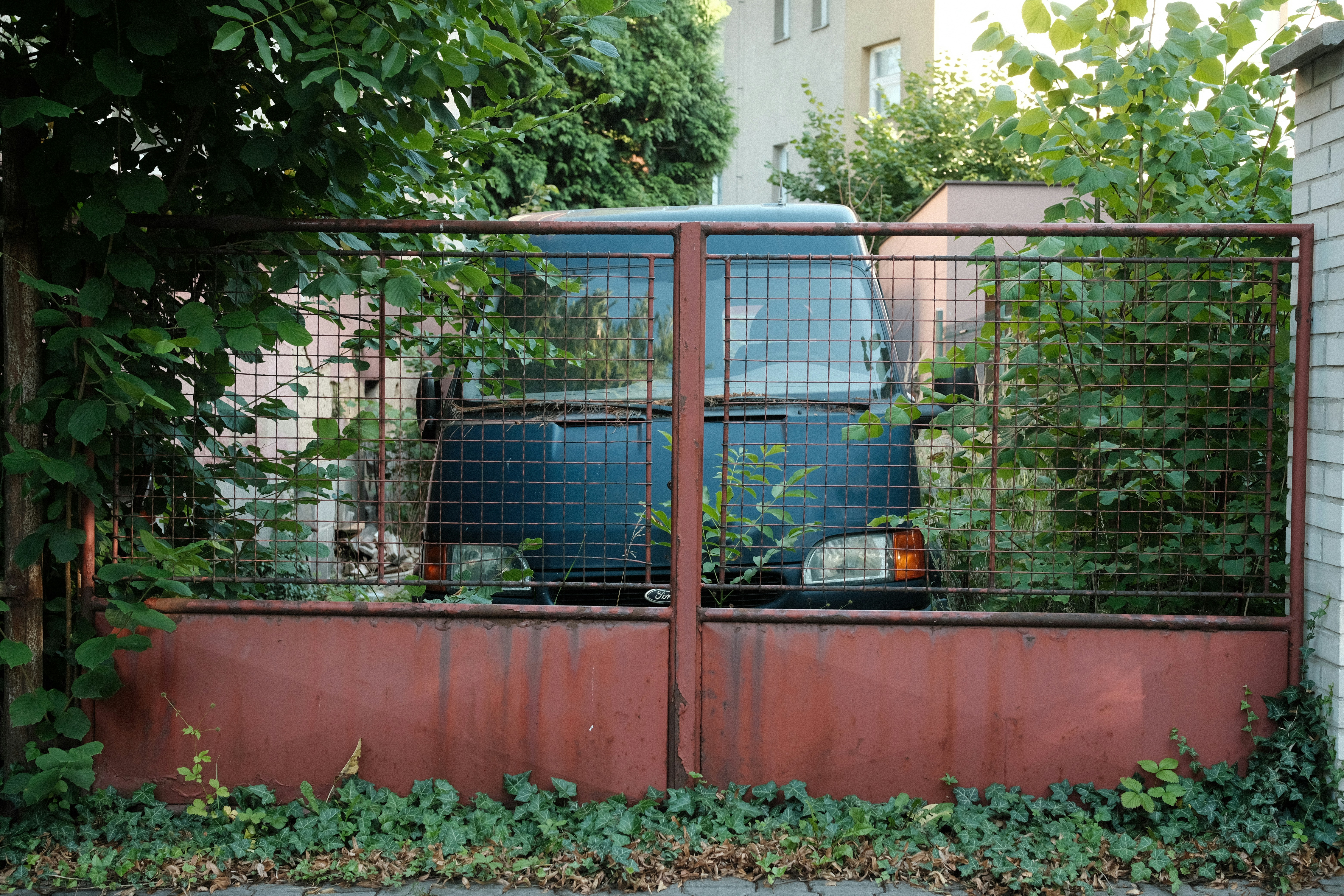 Old van behind a rusty fence surrounded by greenery | A dark vehicle is parked behind a fence.