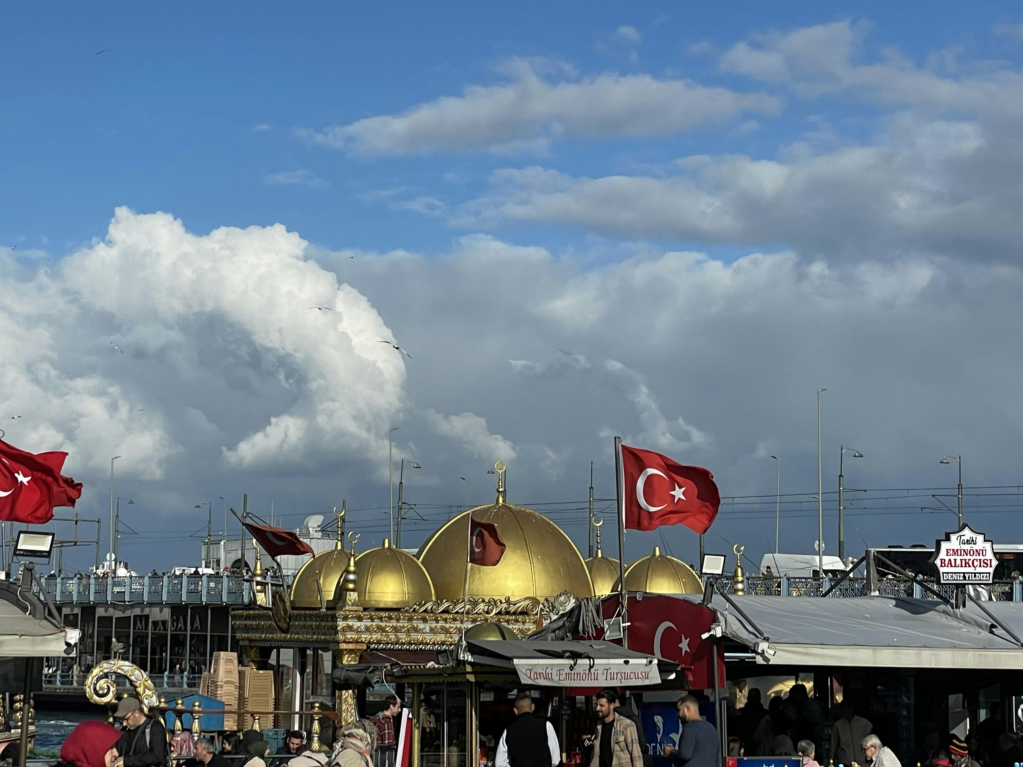 Golden domes and turkish flags against a cloudy sky.