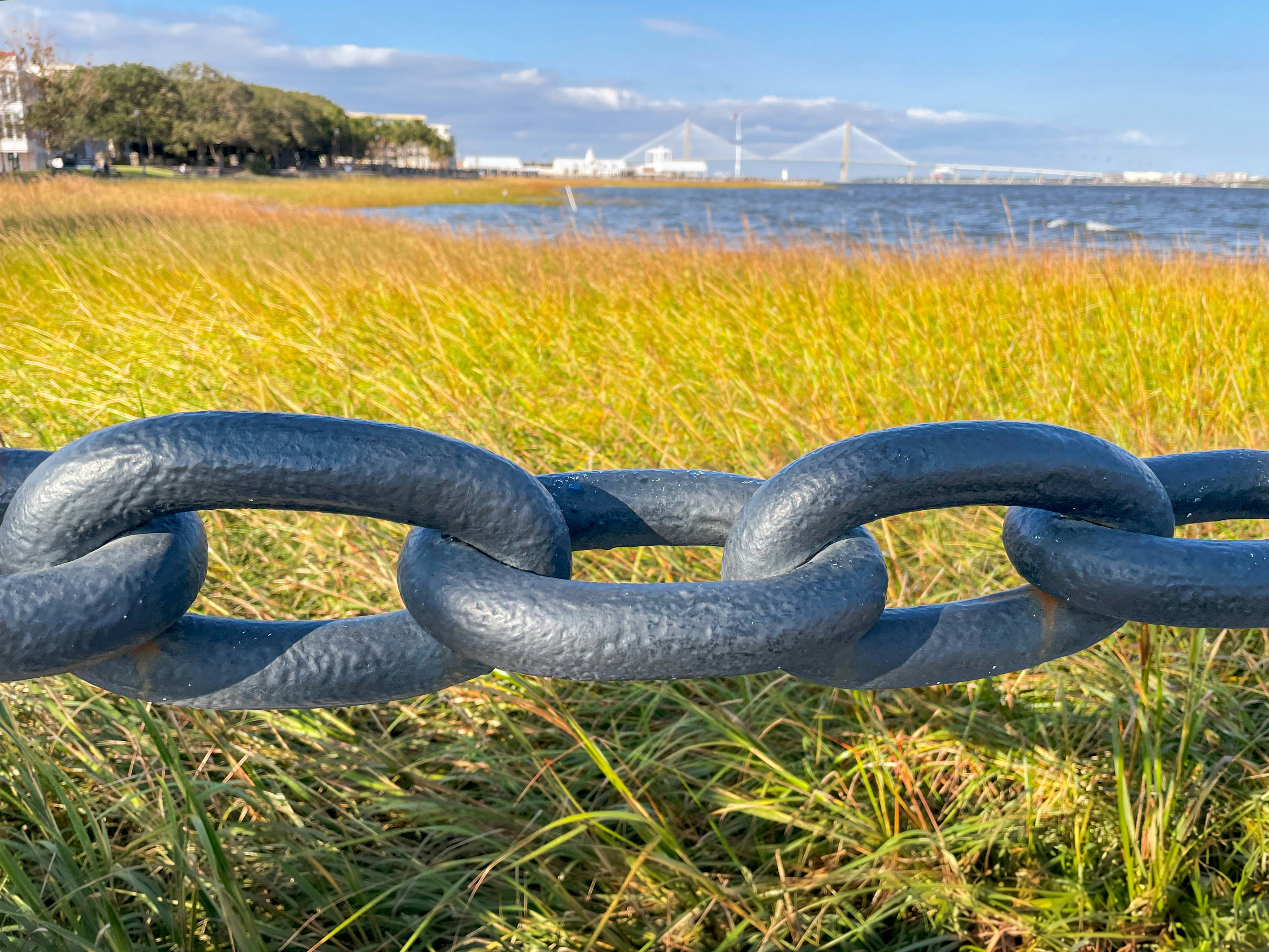 A rugged metal chain barrier cuts across the foreground of golden marsh grasses, framing Charleston’s harbor and the iconic Ravenel Bridge under a clear blue sky. | A chain overlooks a beautiful marsh landscape.