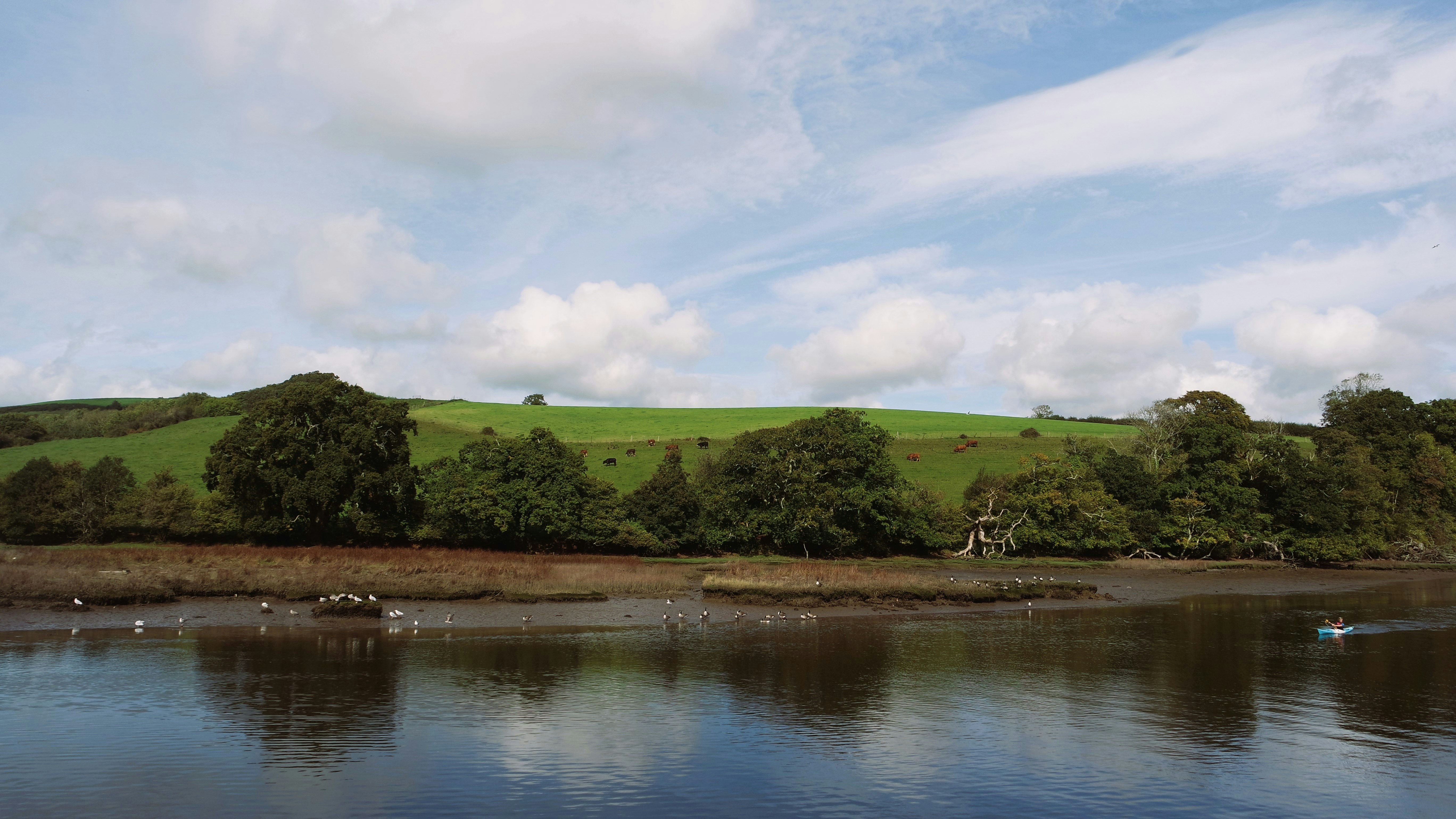 A tranquil river scene with green hills.