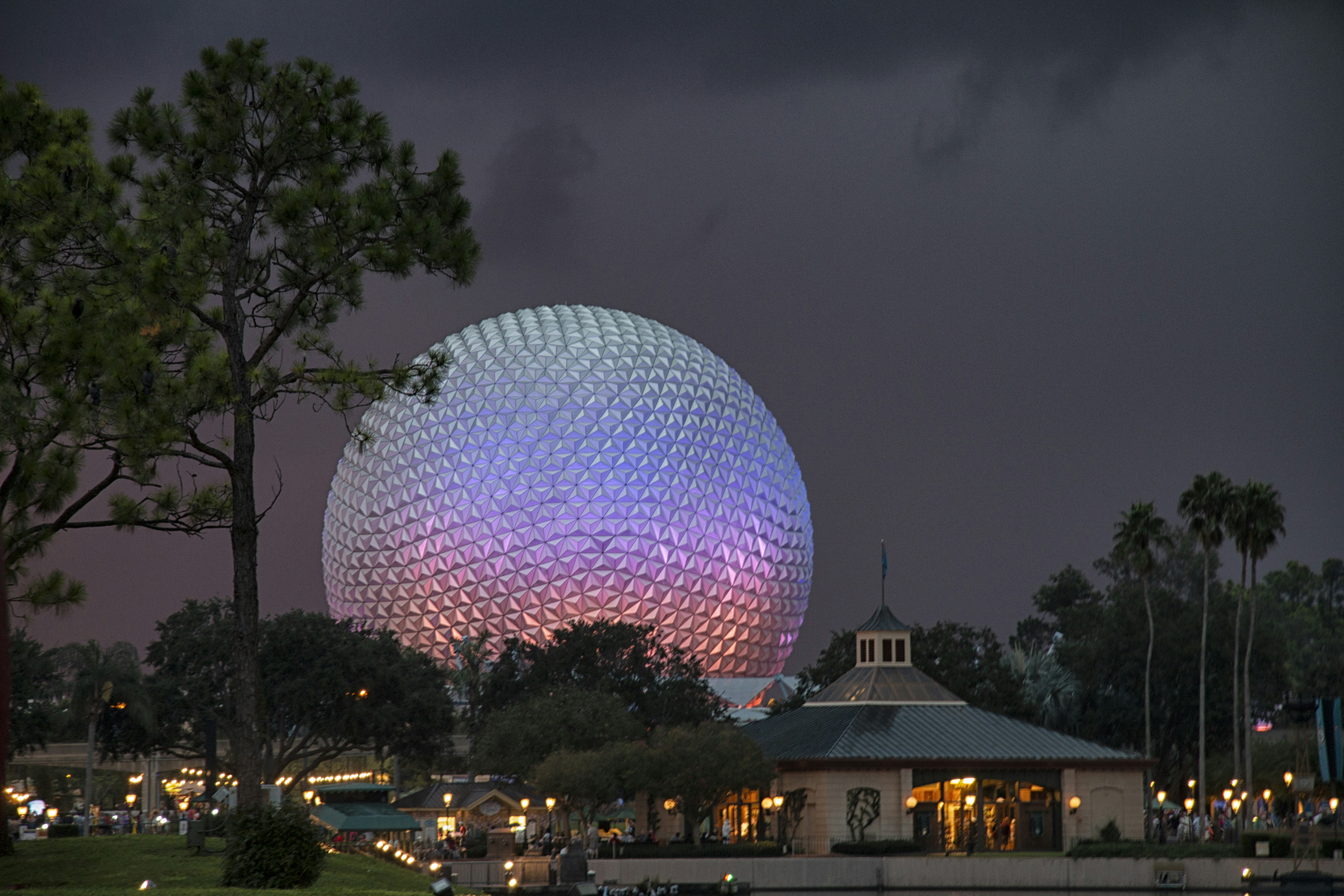 Disney, Epcot, sunset, lights, Disney World | Spaceship earth at epcot, illuminated at dusk.