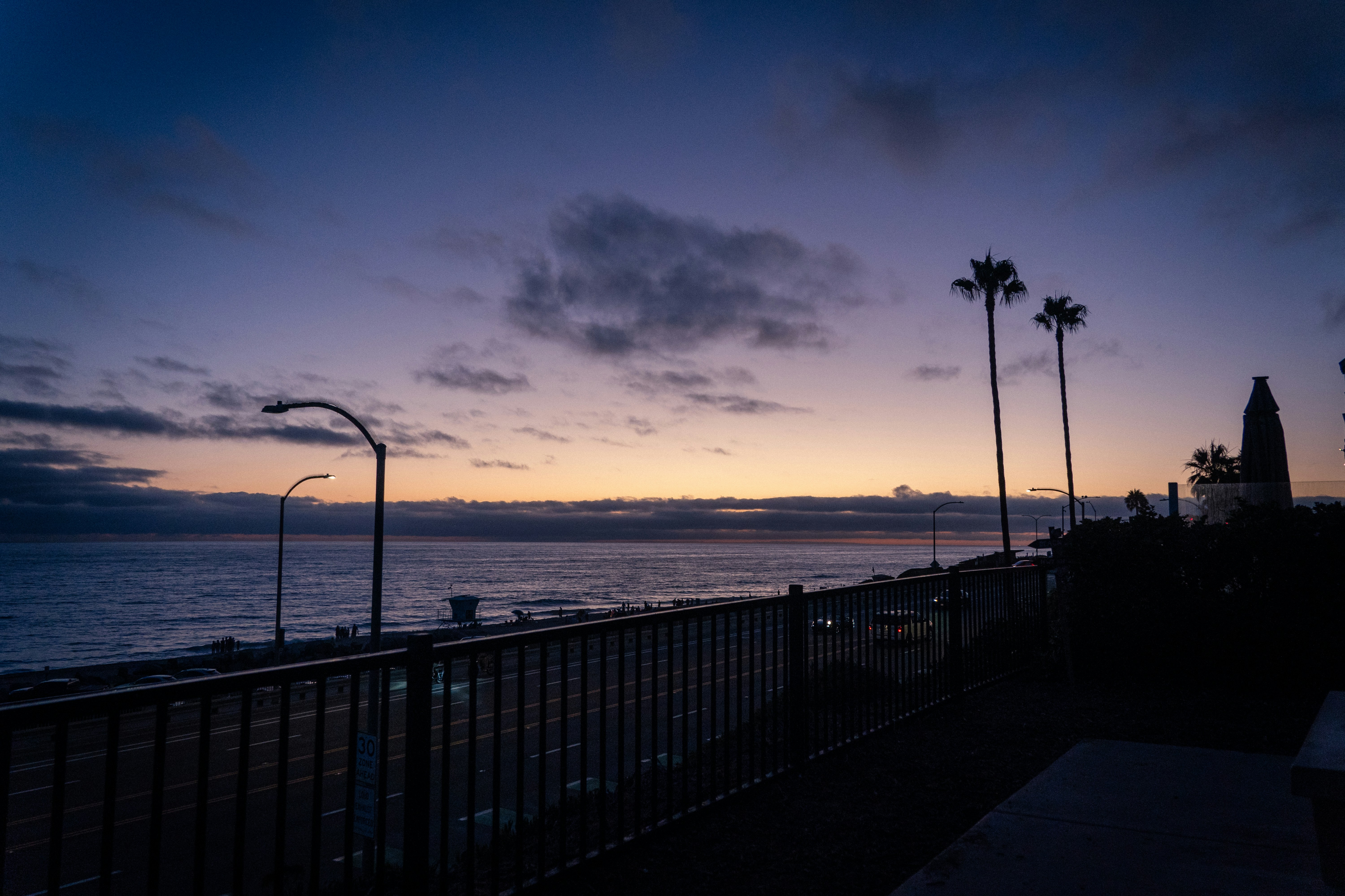 A calm ocean sunset with palm trees.