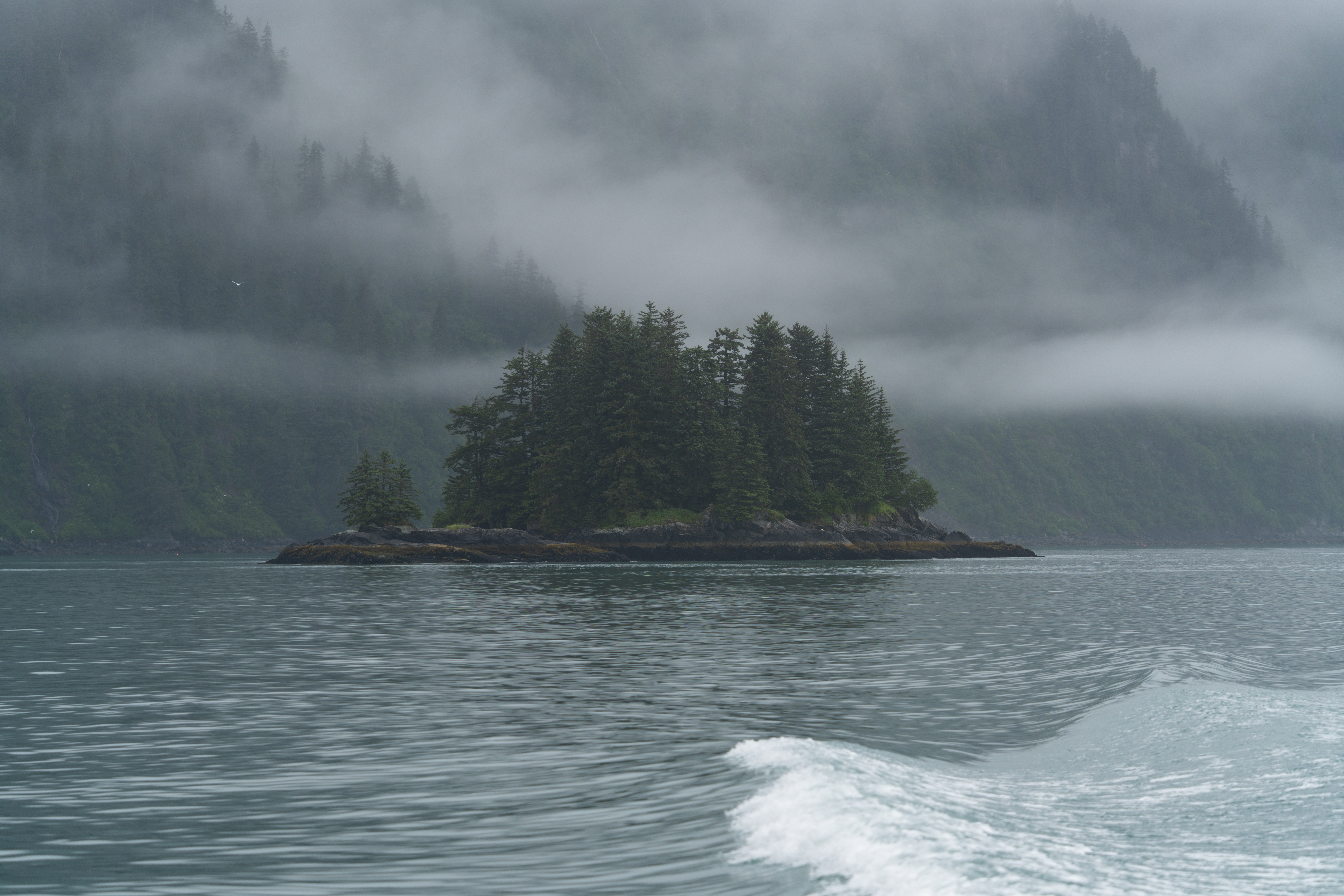 A secluded island shrouded in fog, surrounded by calm waters and lush greenery. The serene atmosphere evokes a sense of tranquility.