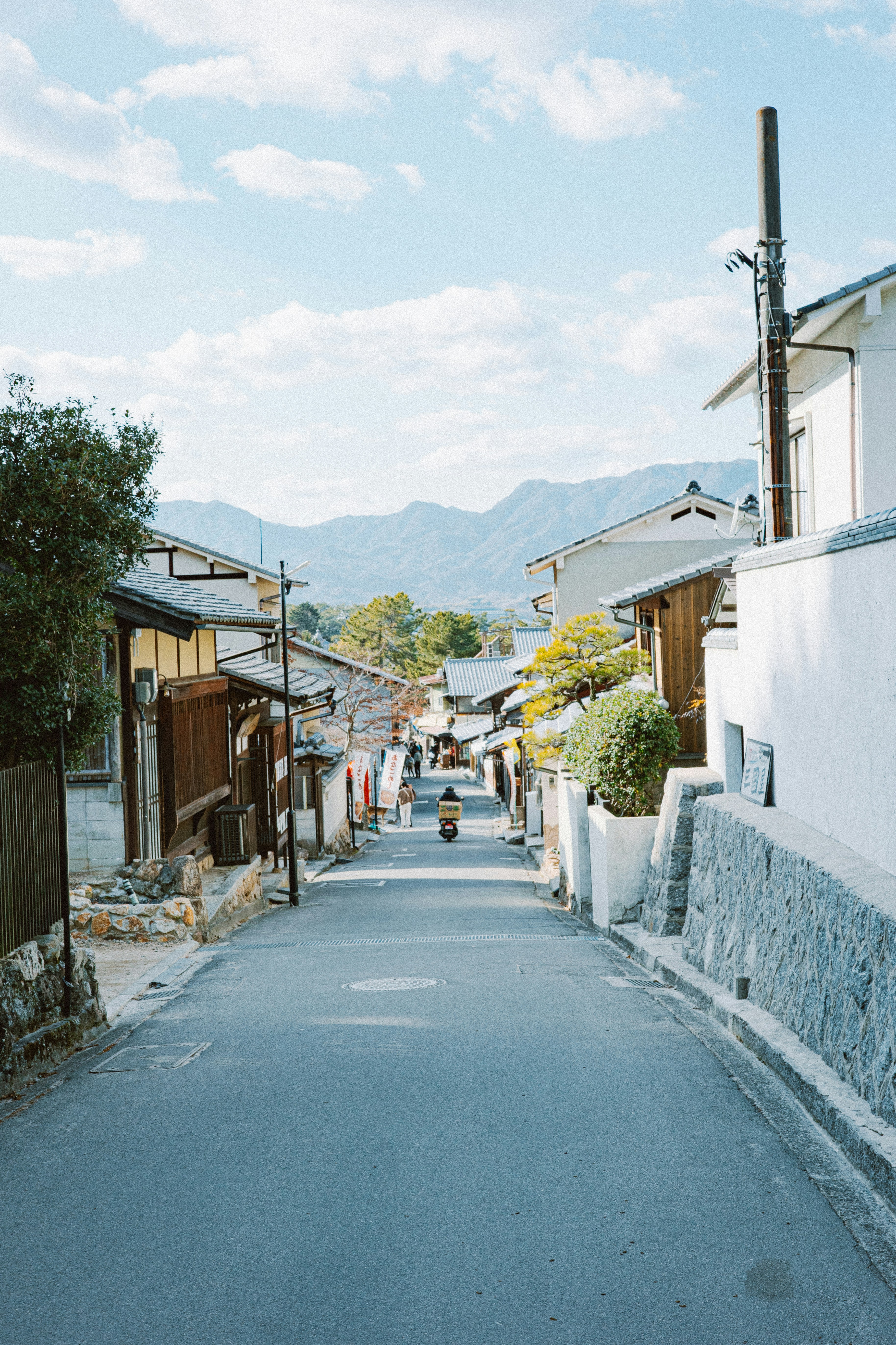 A narrow street leads through a picturesque village.