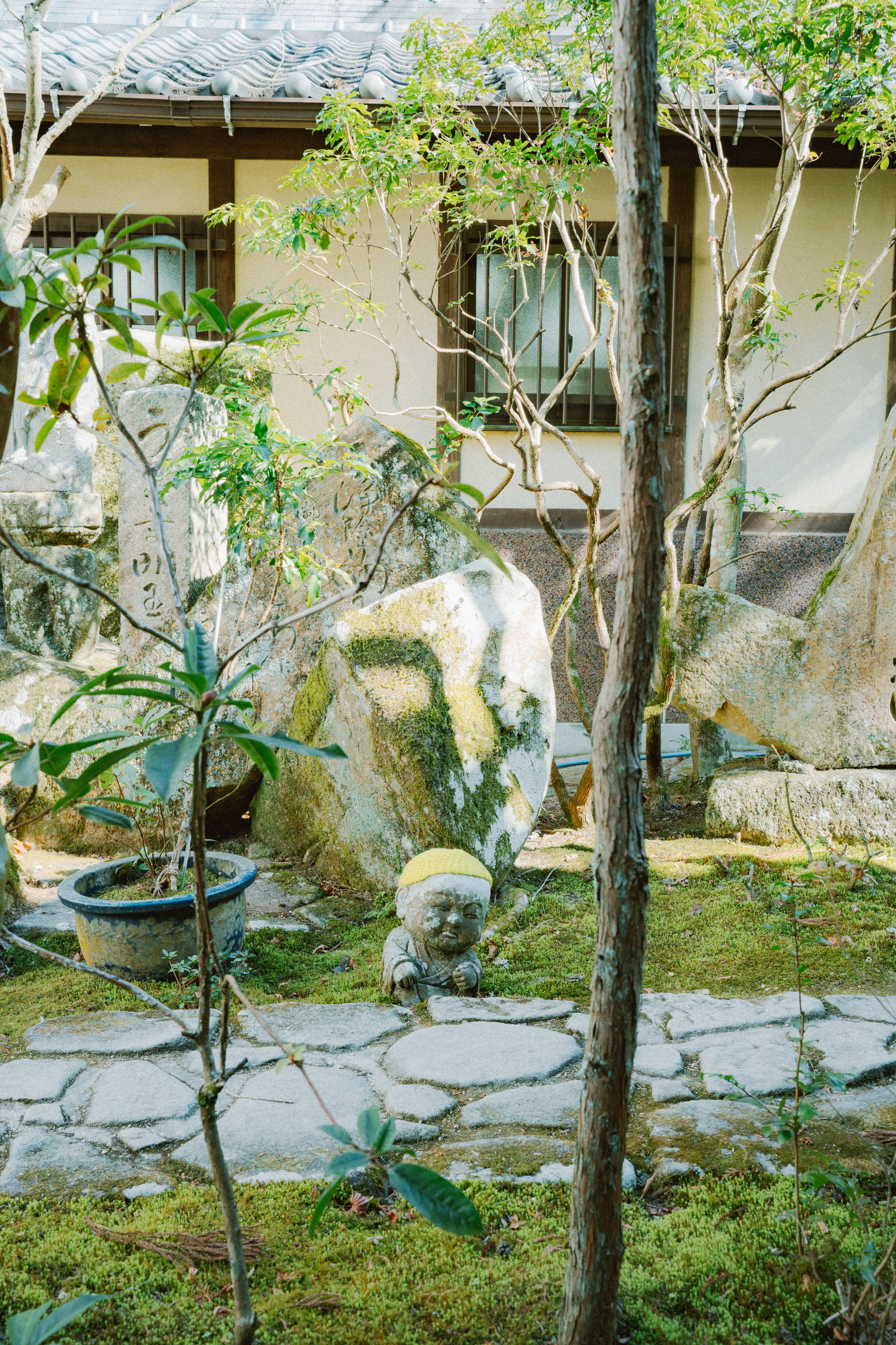 A tranquil japanese garden with stone features.