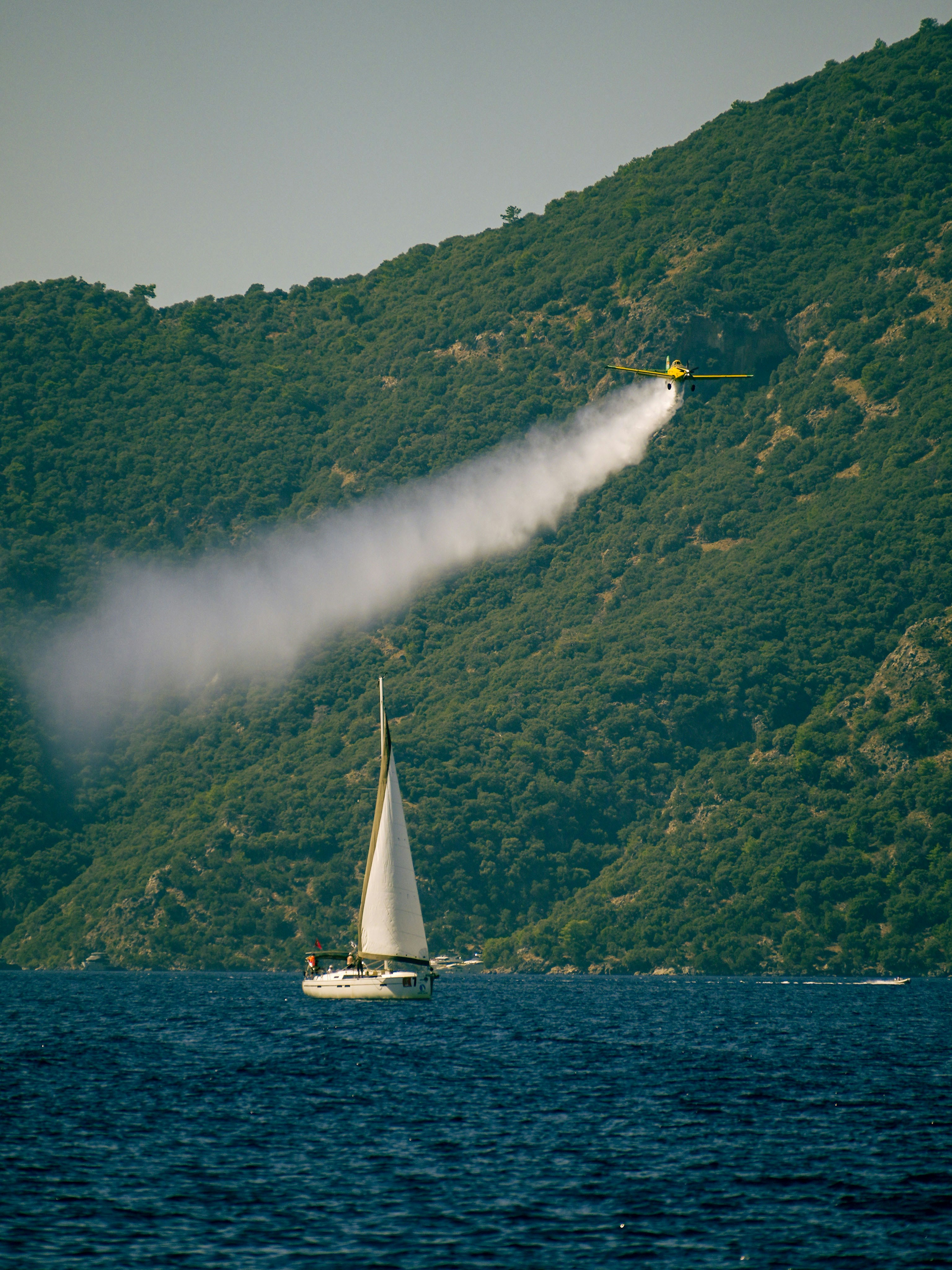 The moment a light aircraft flies over a sailing yacht has been captured | A plane dusts crops near a sailing boat.