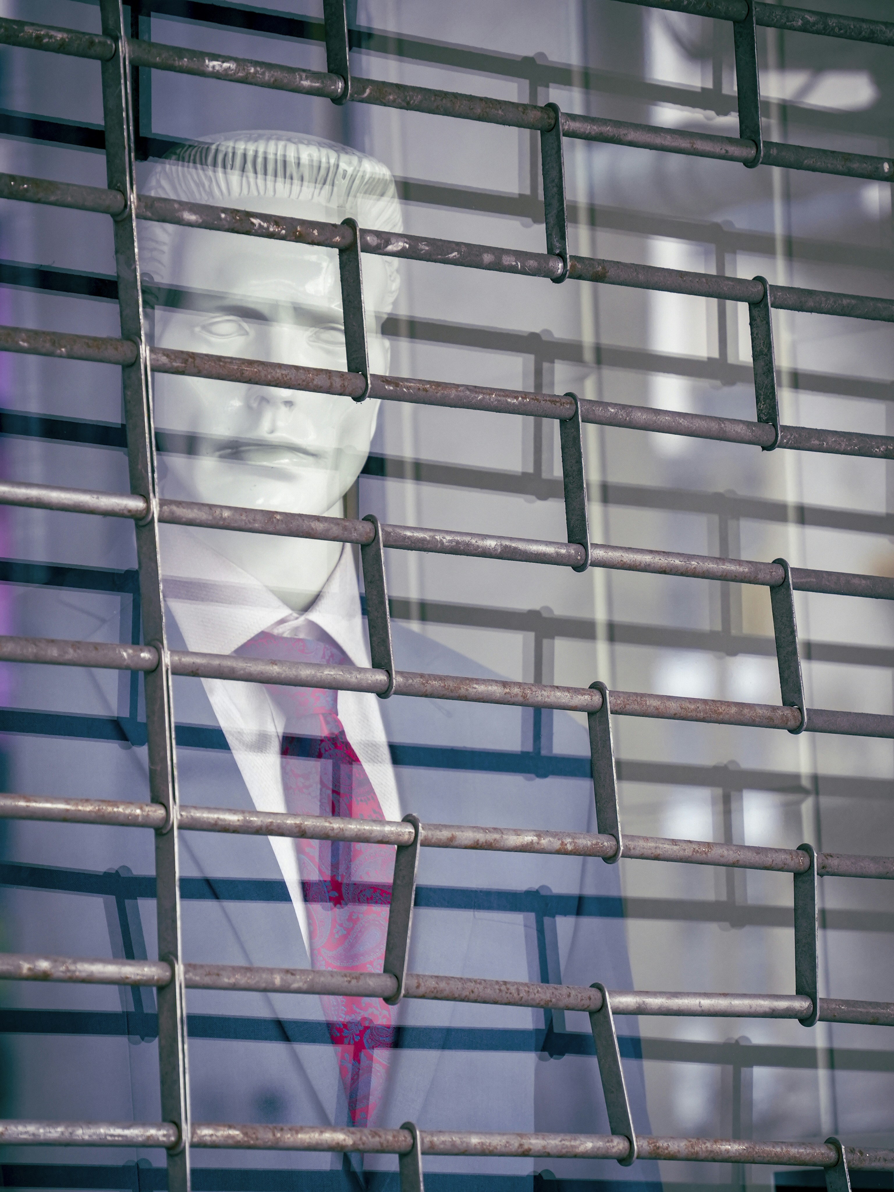 Mannequin in a shop window behind a metal gate.