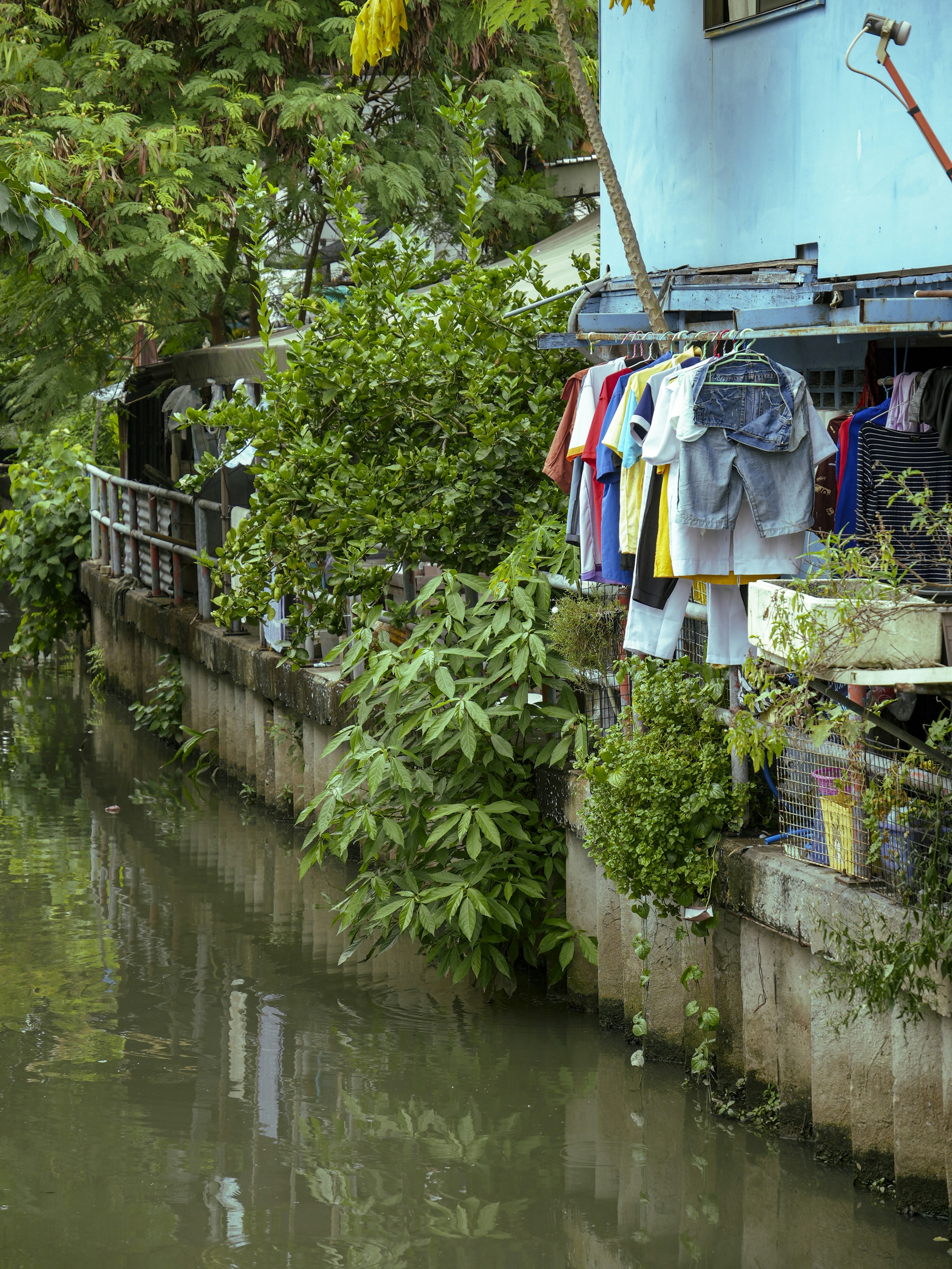 Colorful clothes hanging on a line beside a tranquil waterway, framed by lush greenery and a rustic building.