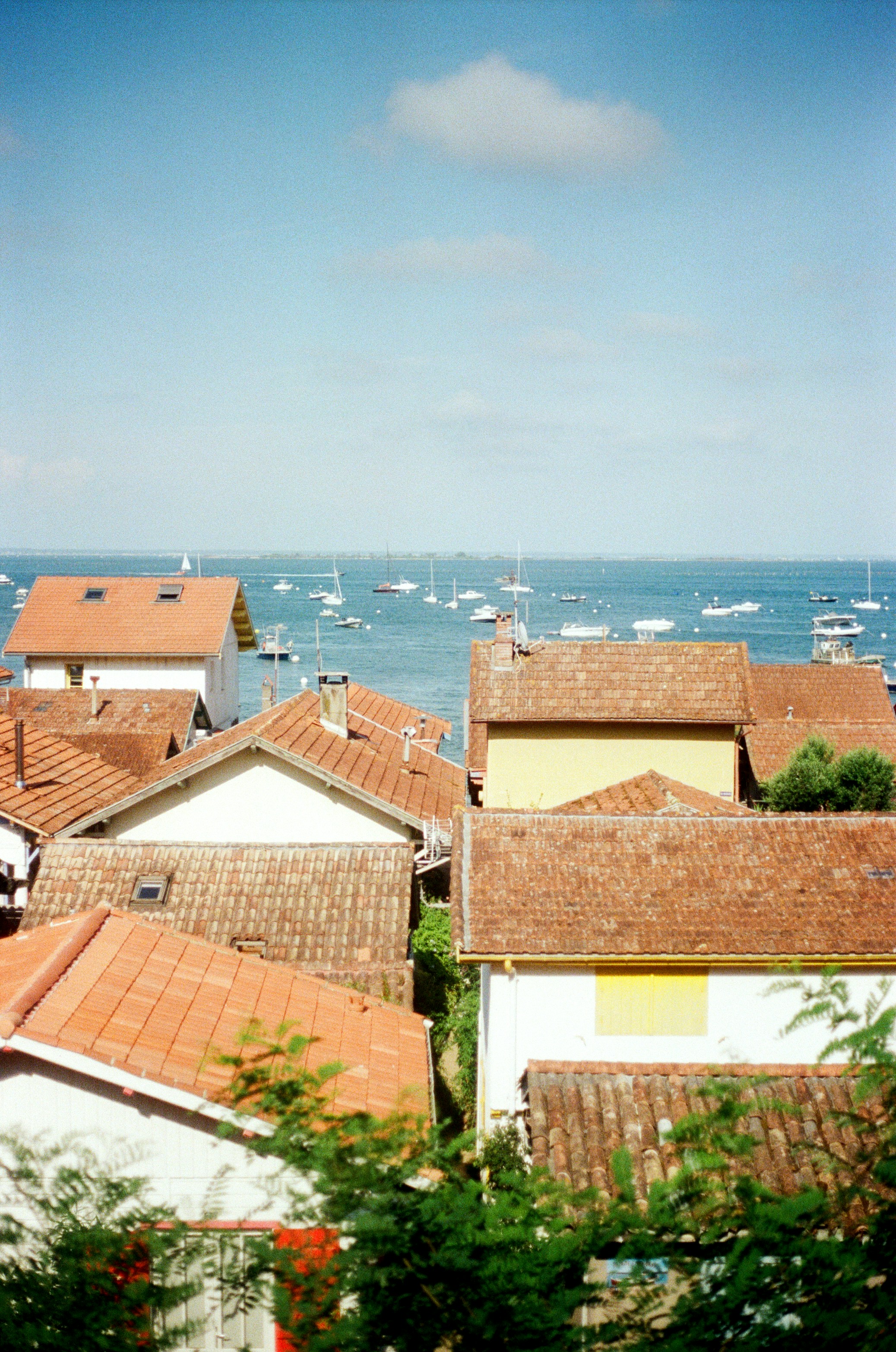Maisons aux toits rouges donnant sur une mer calme. photo – Image ...