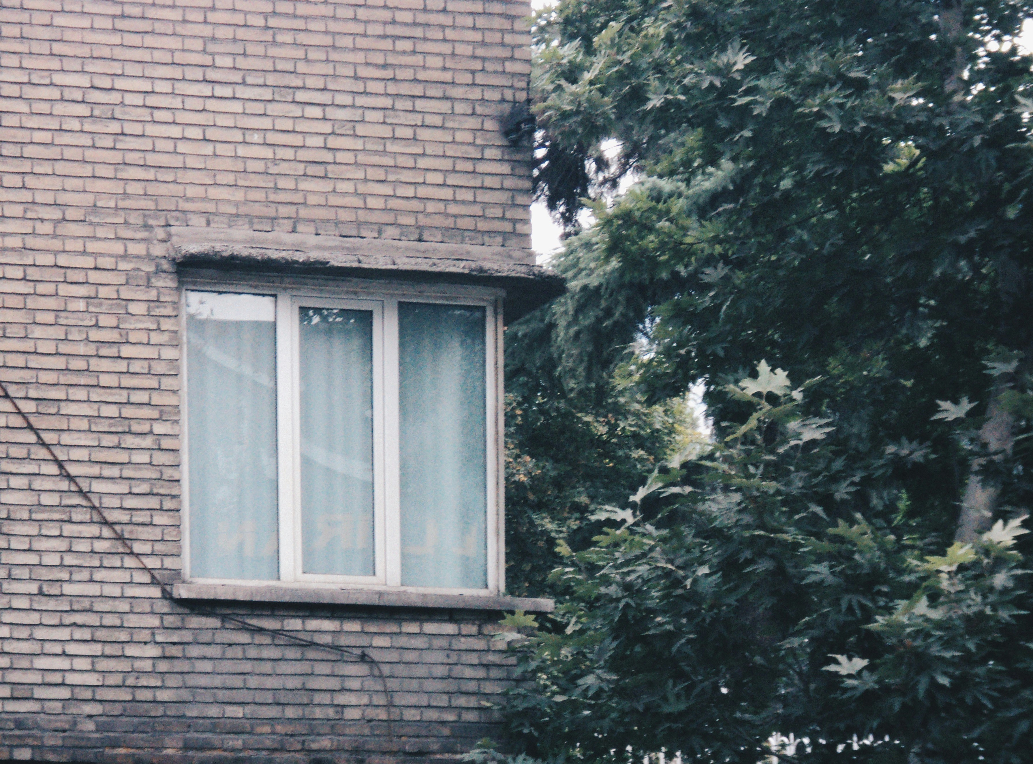 A simple, beautiful silence. | A brick building with window and green trees.