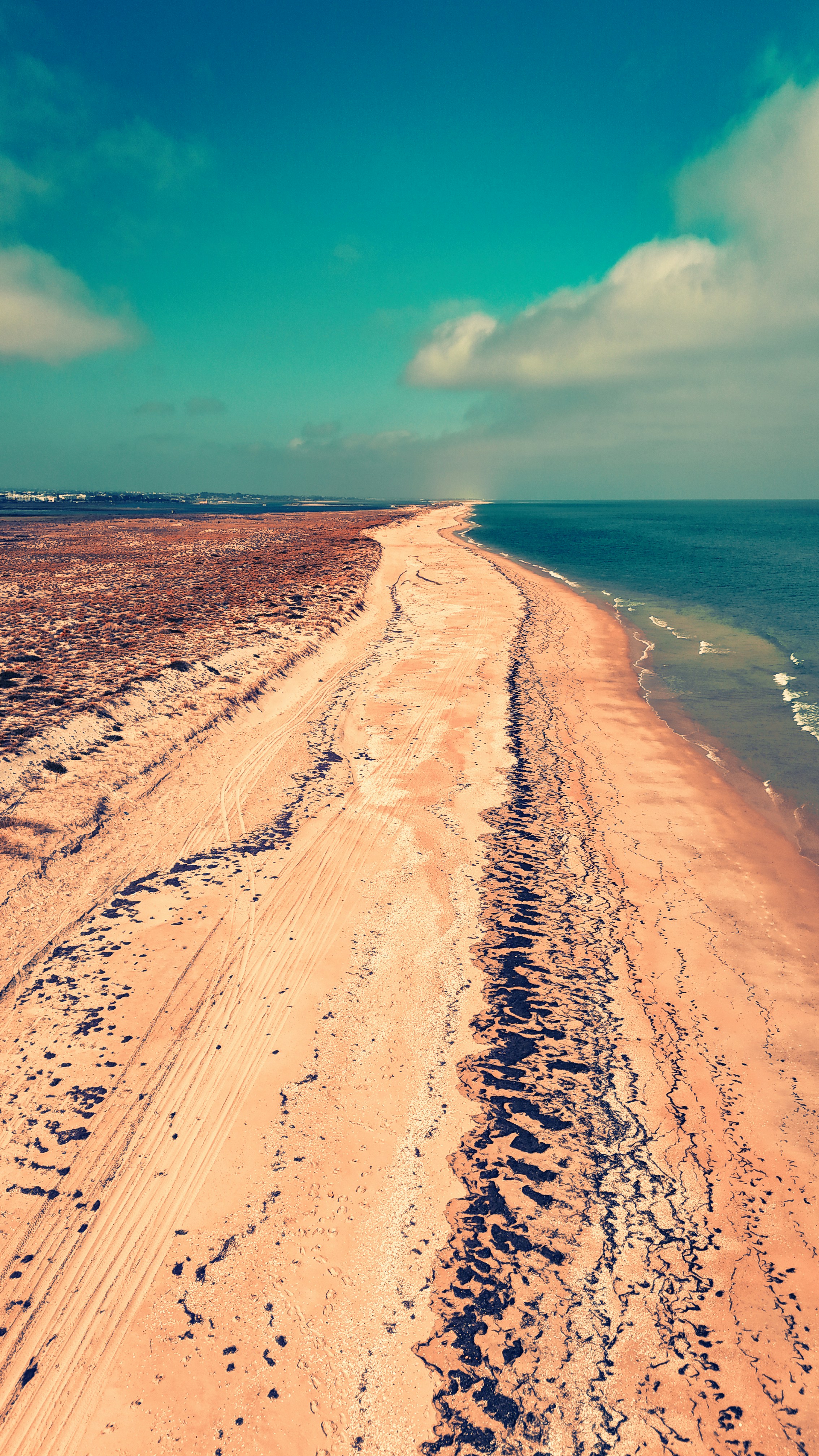 Aerial view of a winding sandy beach meeting the ocean, showcasing the intricate patterns of the shoreline and the contrasting colors of sand and water.
