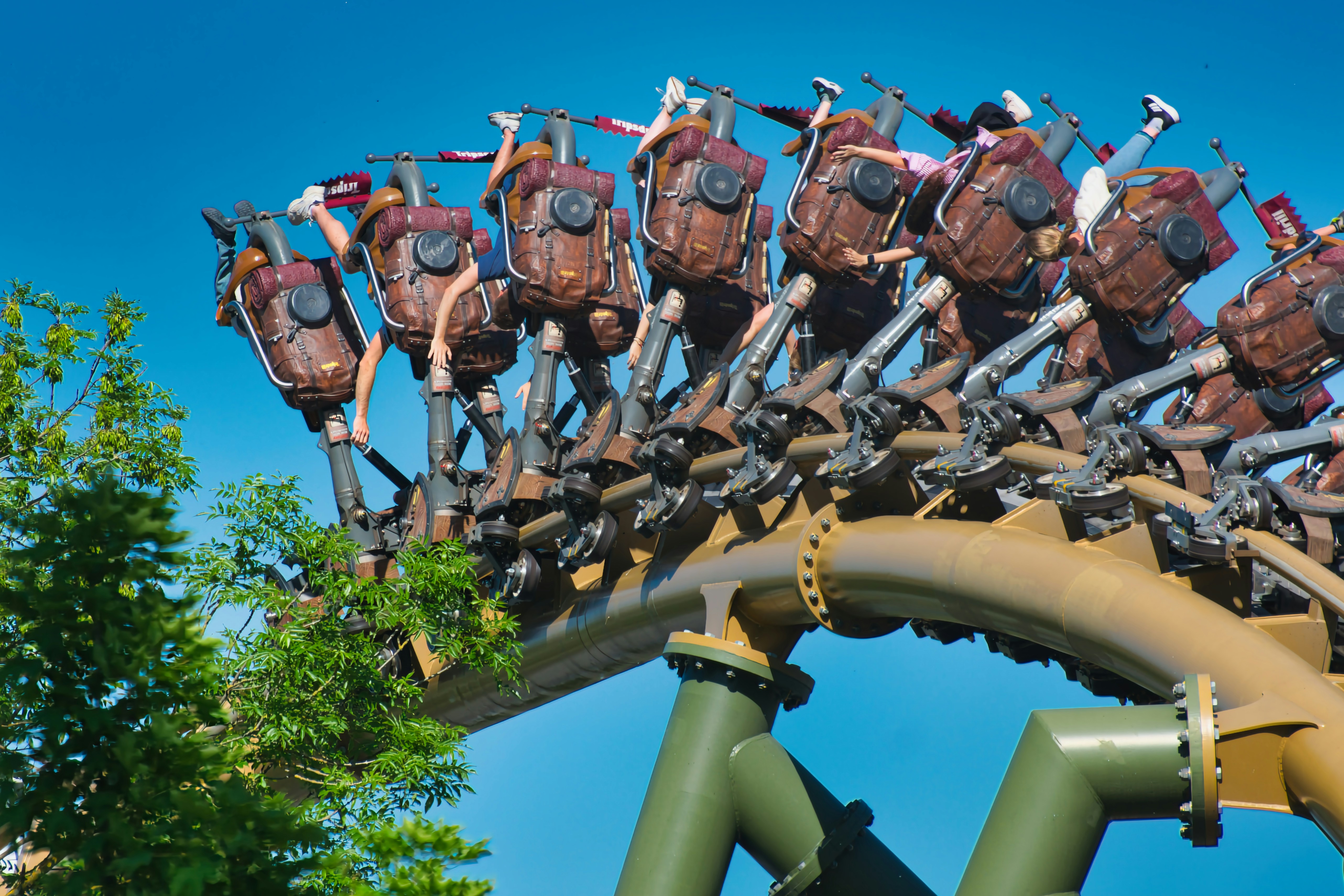 Roller coaster cars twist and turn upside down against a clear blue sky, with riders experiencing the thrill of the ride. Lush green foliage frames the scene.