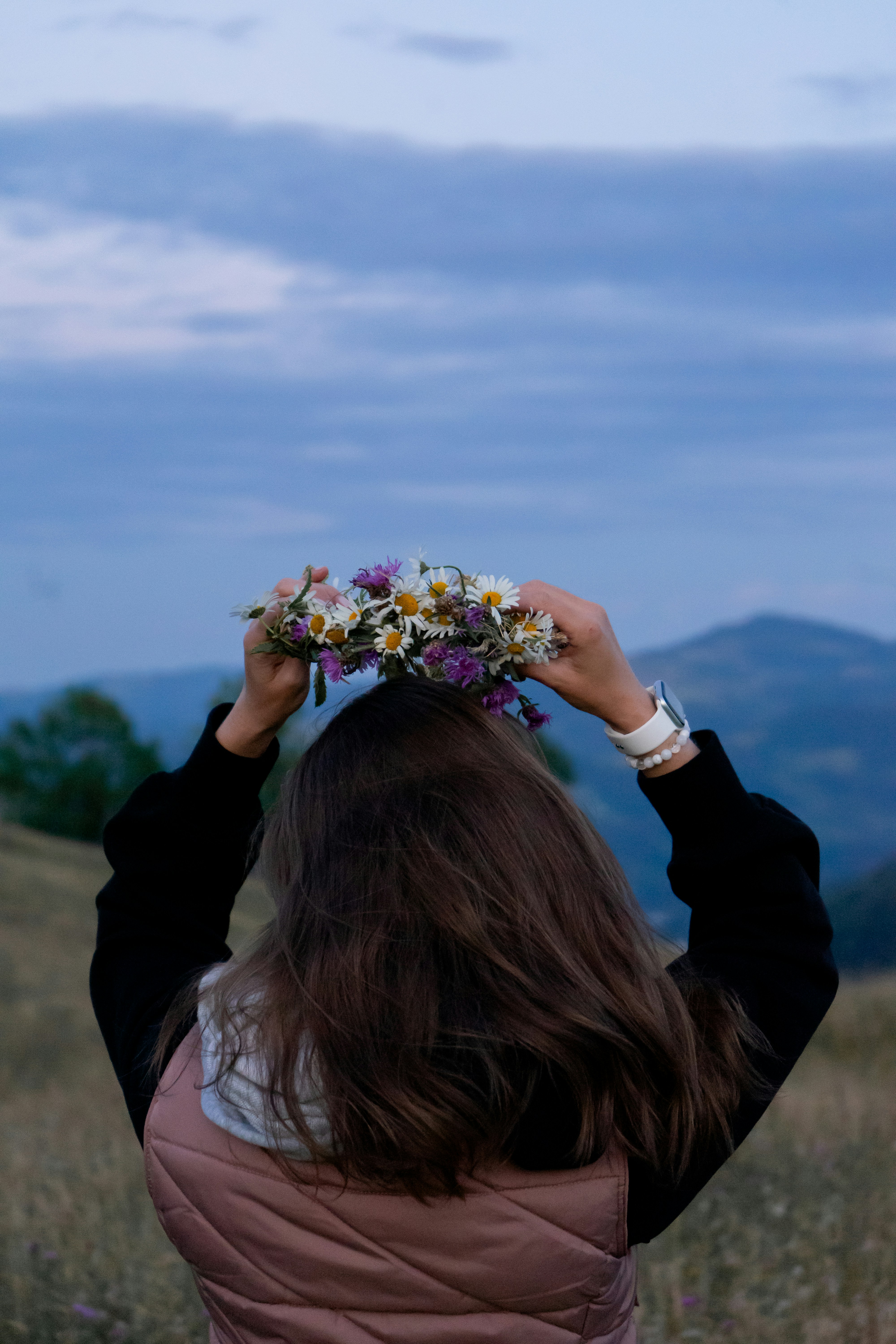 Flower Crown Reverie Over Rolling Hills
