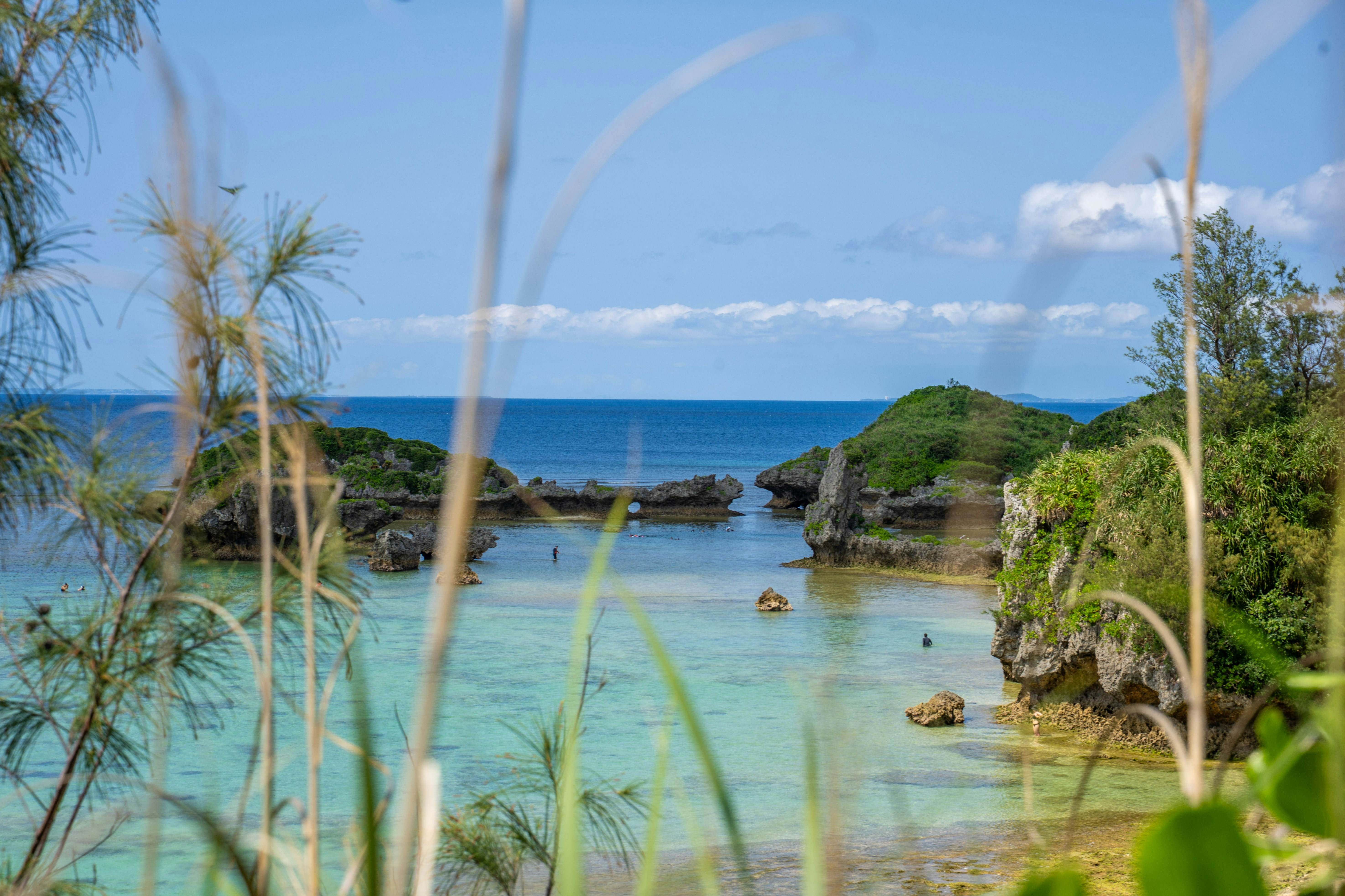 Lush greenery frames a tranquil lagoon with rocky outcrops under a clear blue sky. The scene captures the essence of a secluded coastal paradise.
