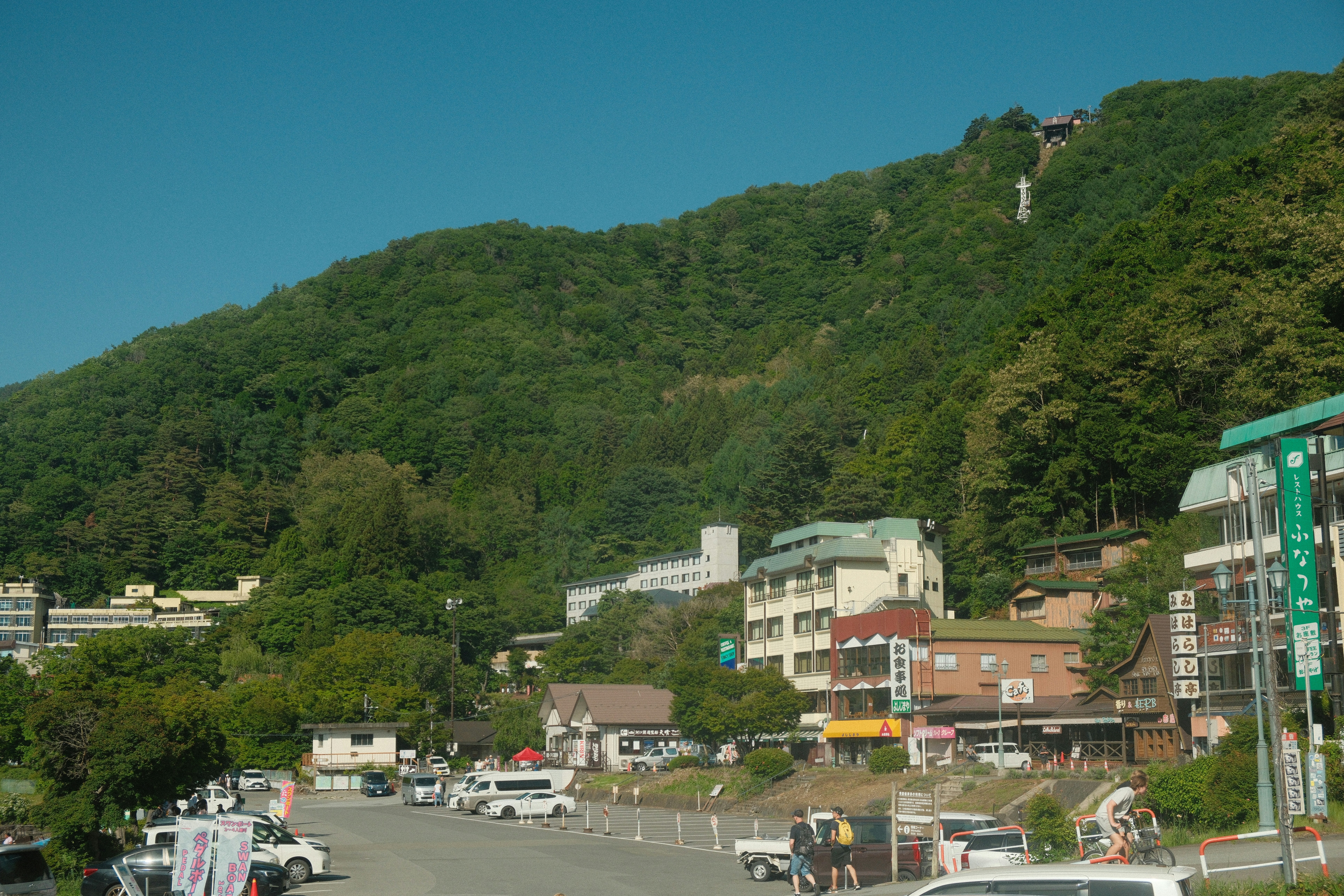 Buildings and green trees cover a mountainside.