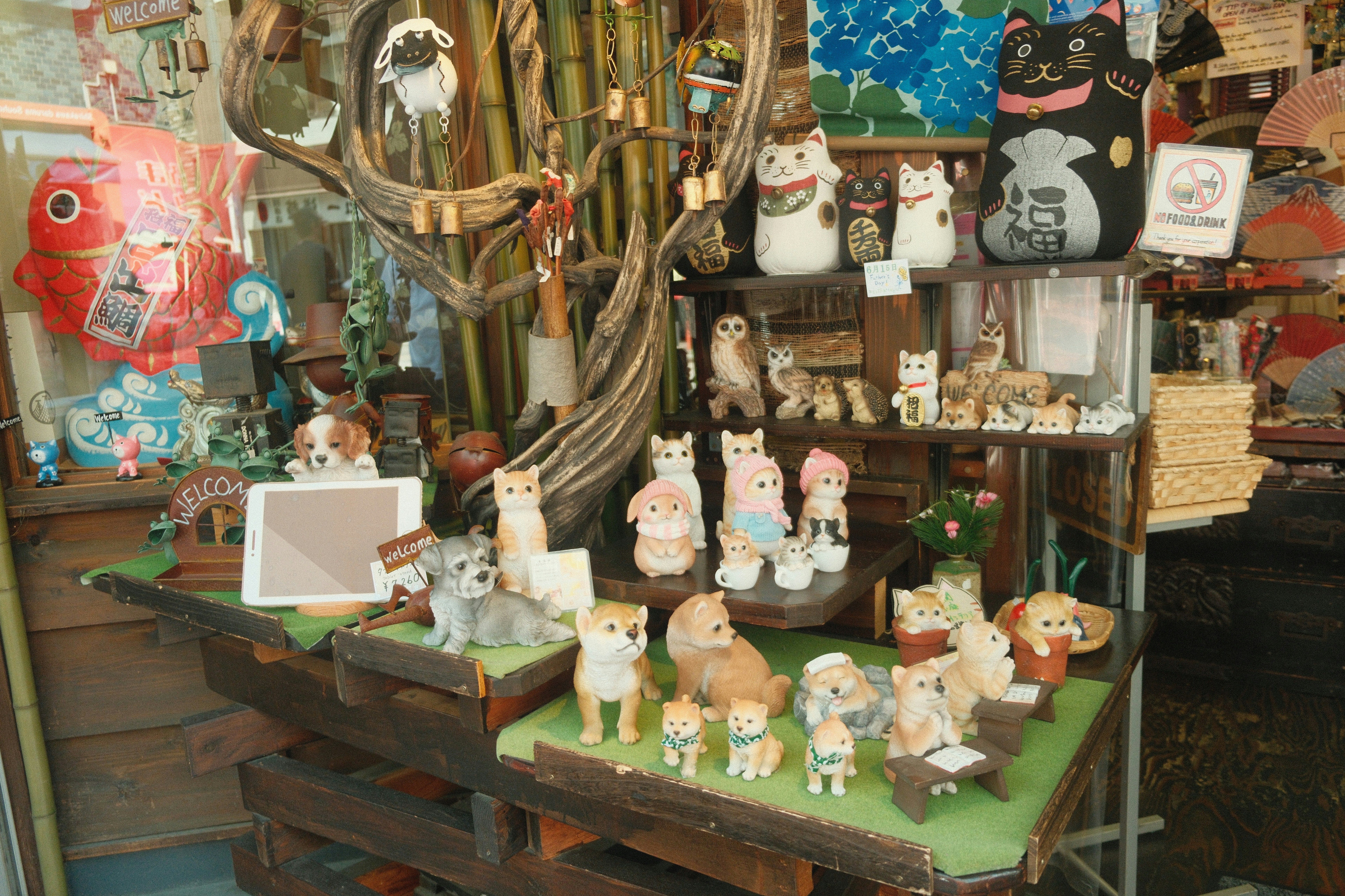 A vibrant display of cat figurines and plush toys arranged in a charming storefront, showcasing various styles and expressions. The scene is enriched with decorative elements like bamboo and colorful artwork.