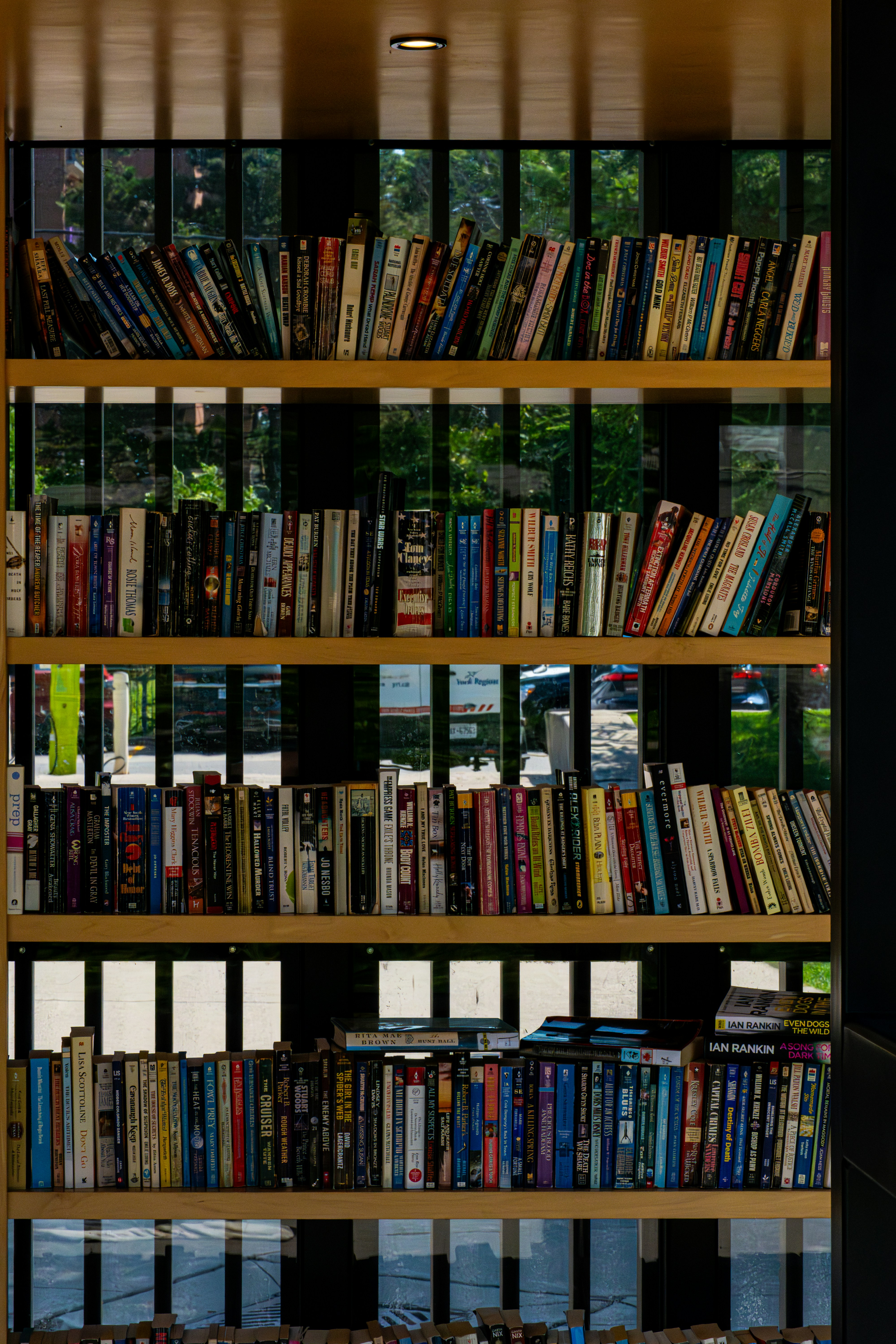 A shot of an outdoor library in Downtown Newmarket, Ontario, Canada | Books are neatly organized on a tall shelf.