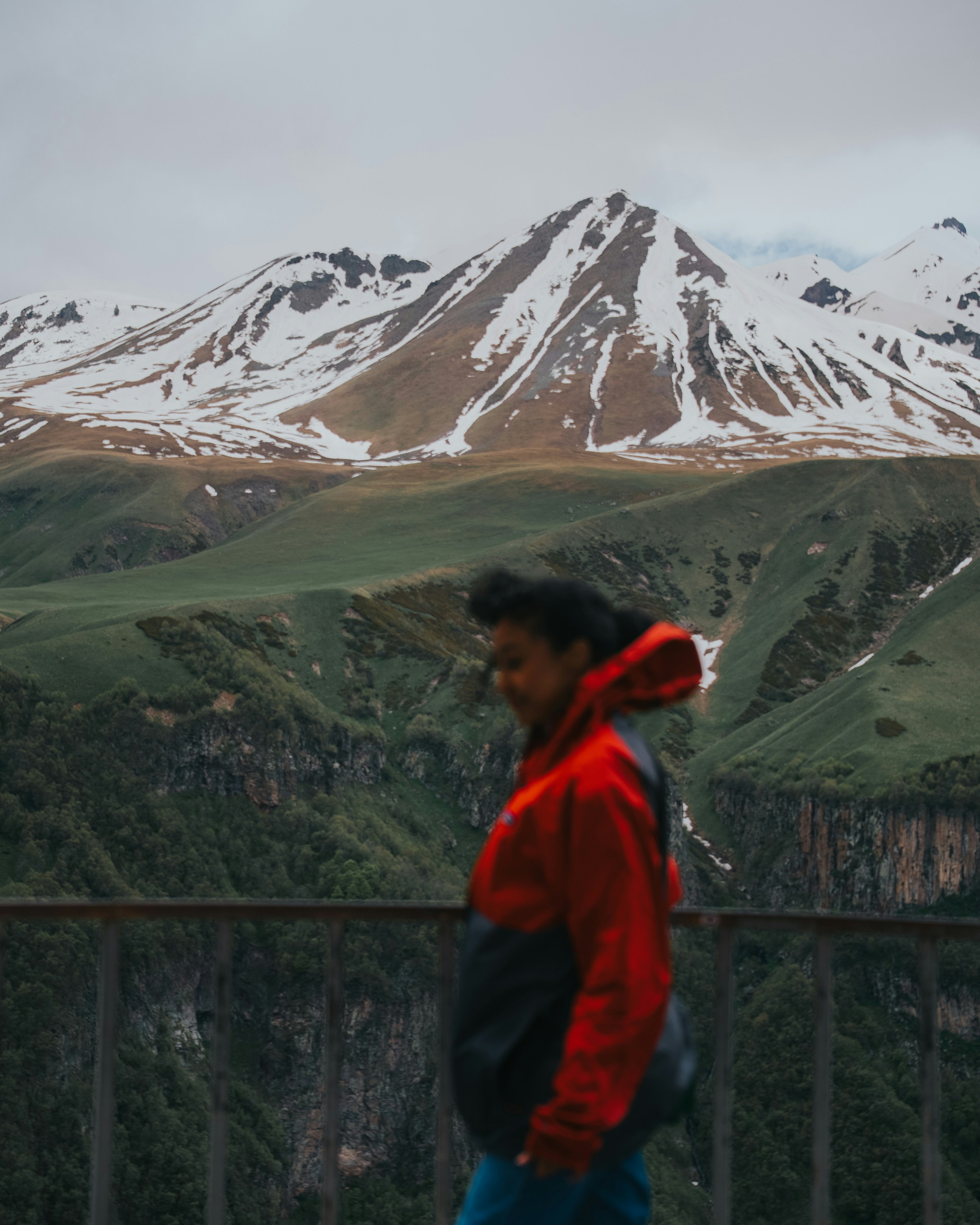 A figure in a vibrant red jacket stands against a backdrop of snow-capped mountains and lush green valleys, embodying the spirit of adventure.