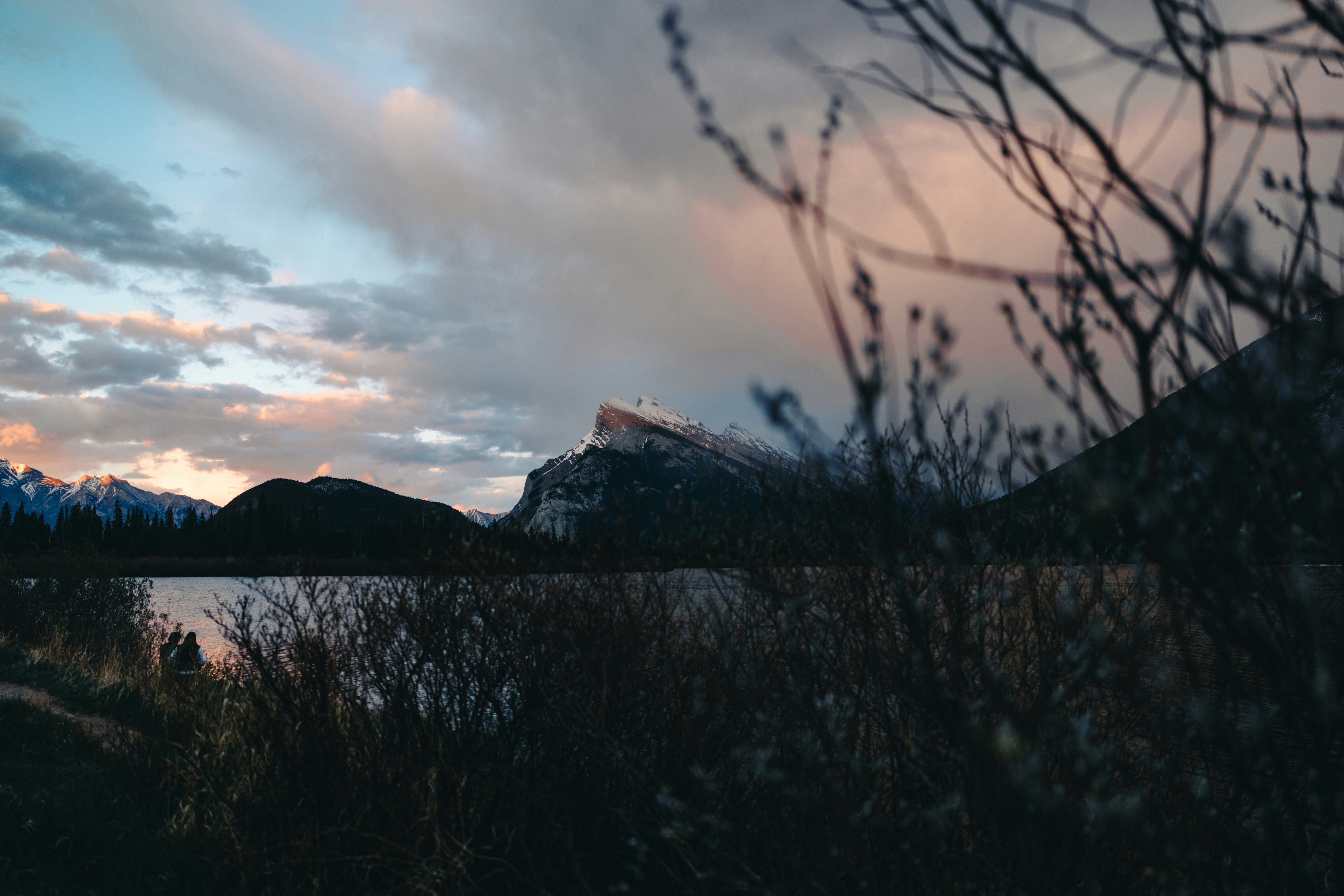 Dramatic mountain silhouette under a twilight sky, framed by delicate branches along a serene lake. The scene evokes a sense of calm and introspection.