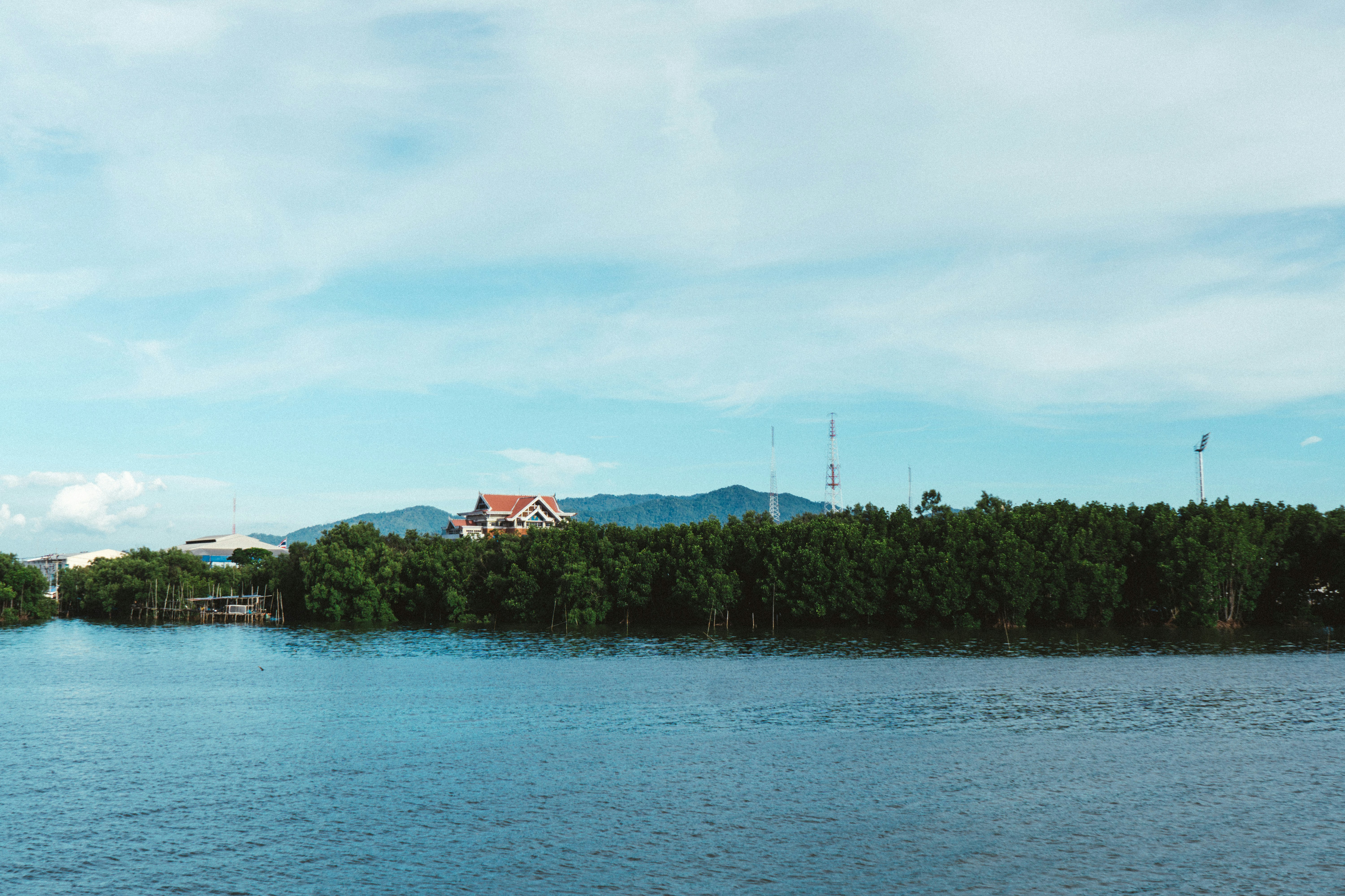 Water, trees, buildings, and blue sky.