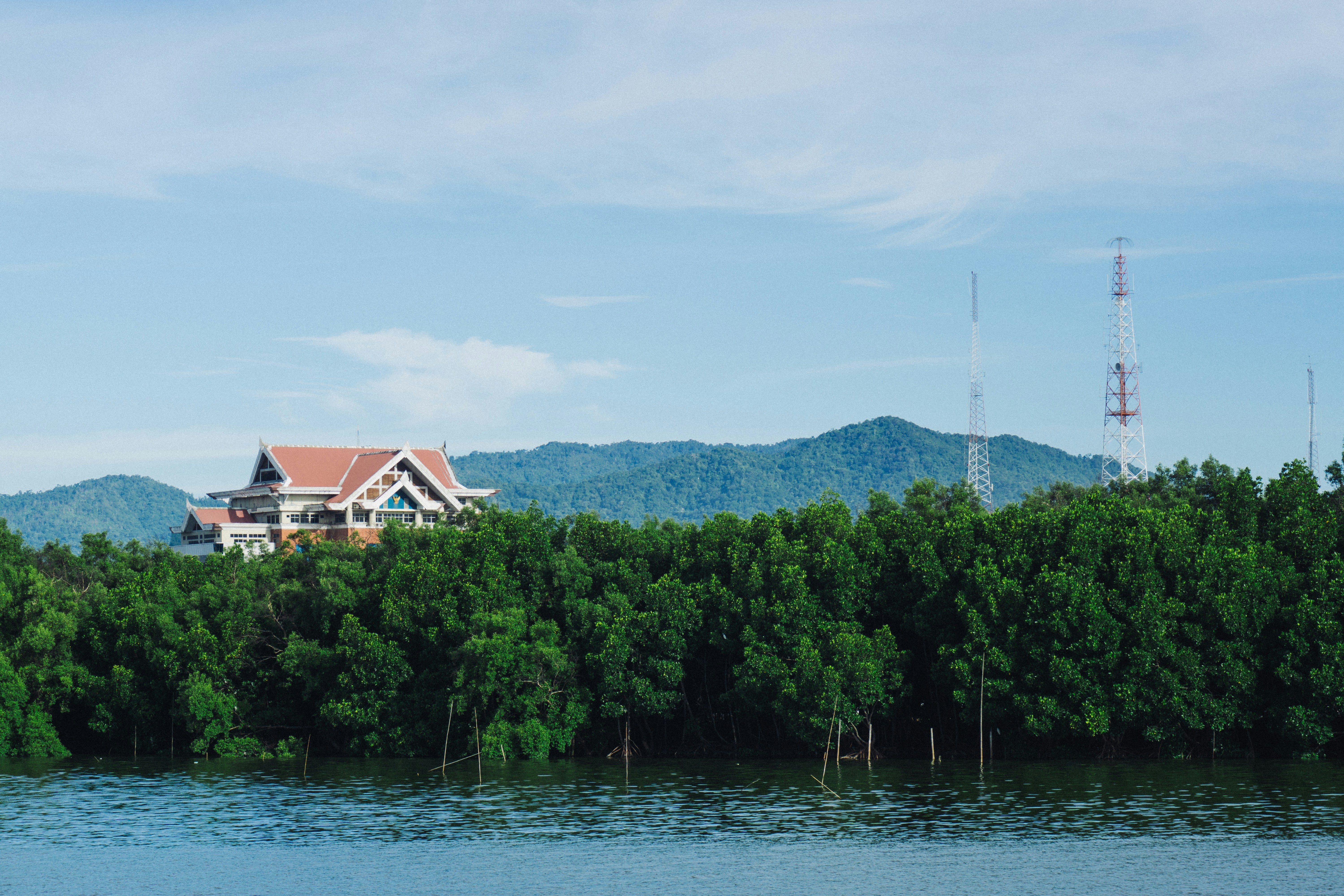 A house sits behind lush trees near water.