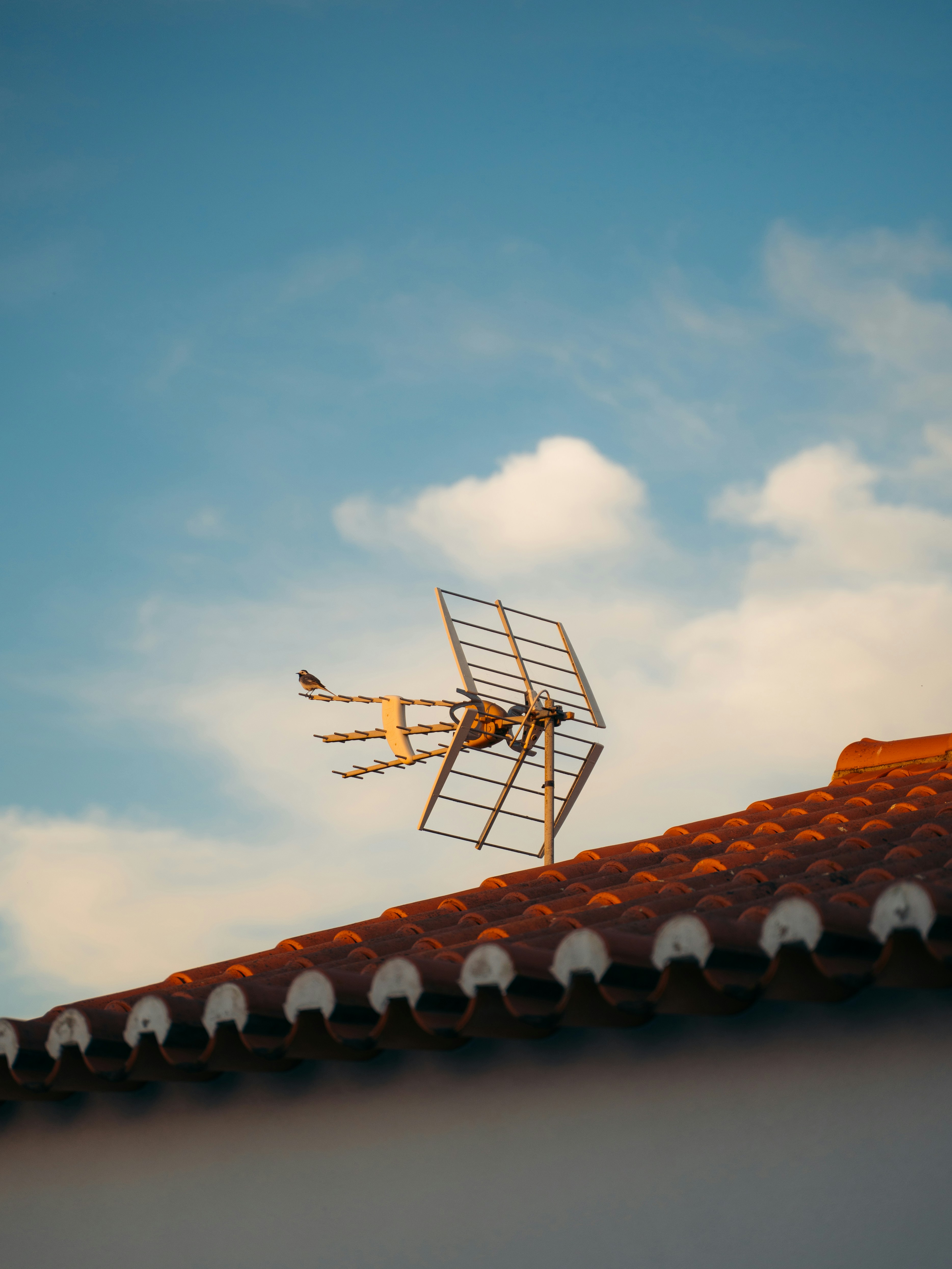 A rooftop antenna stands against a backdrop of soft clouds and a blue sky, symbolizing modern communication amidst traditional architecture.