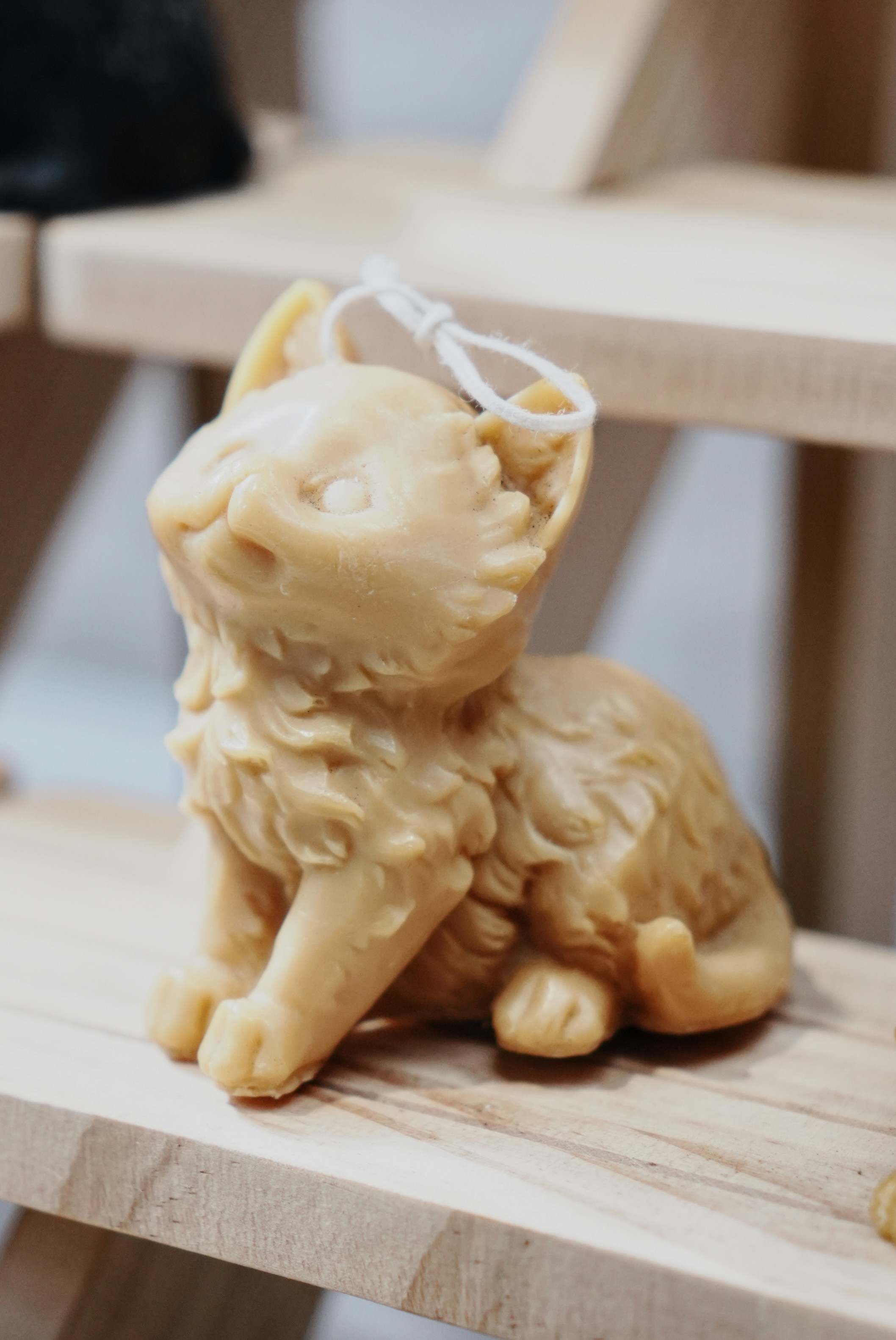 Honey-Toned Wax Puppy Sculpture Perched on a Wooden Shelf
