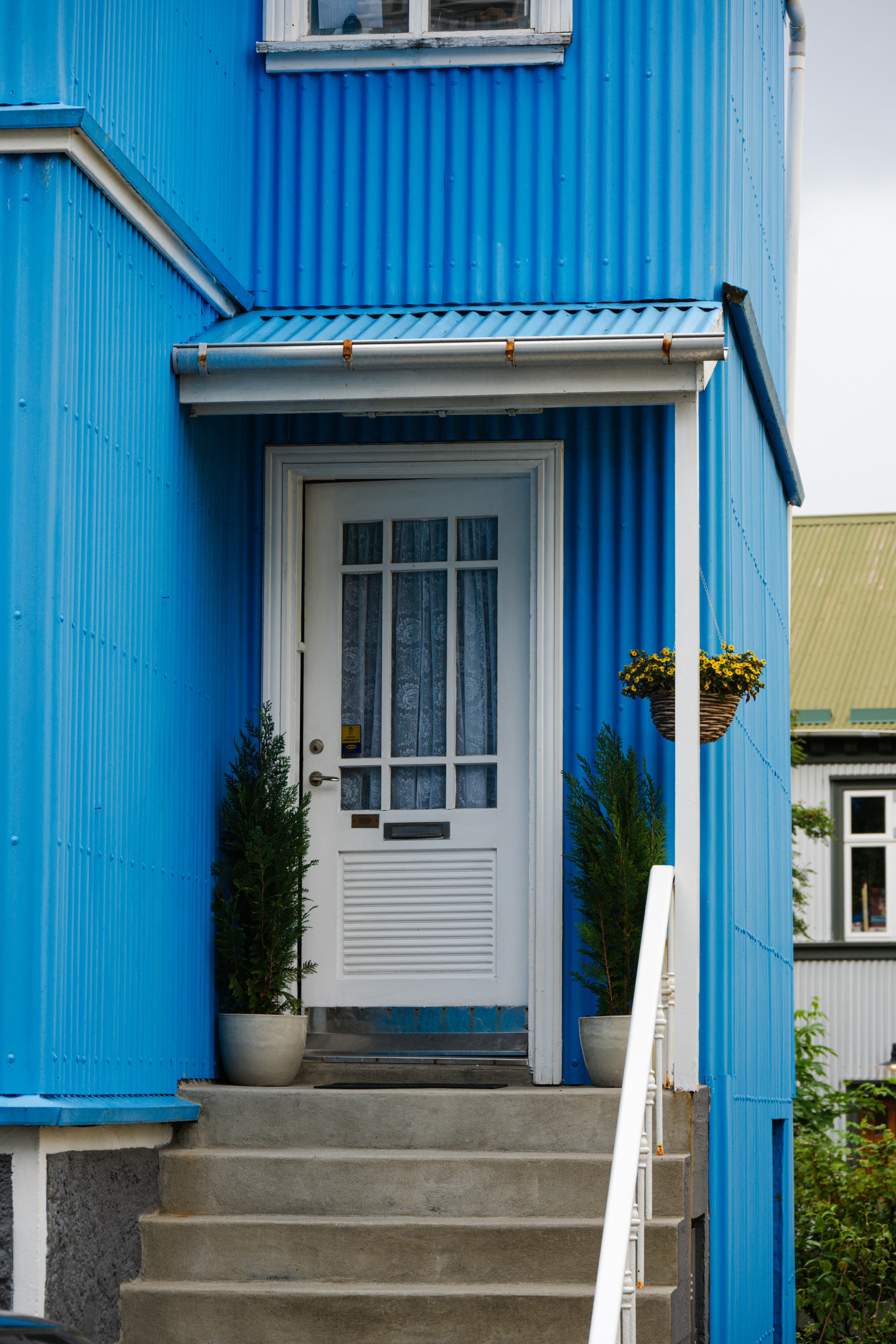 Bright blue corrugated exterior frames a charming entrance, complete with potted plants and a white door adorned with lace curtains.