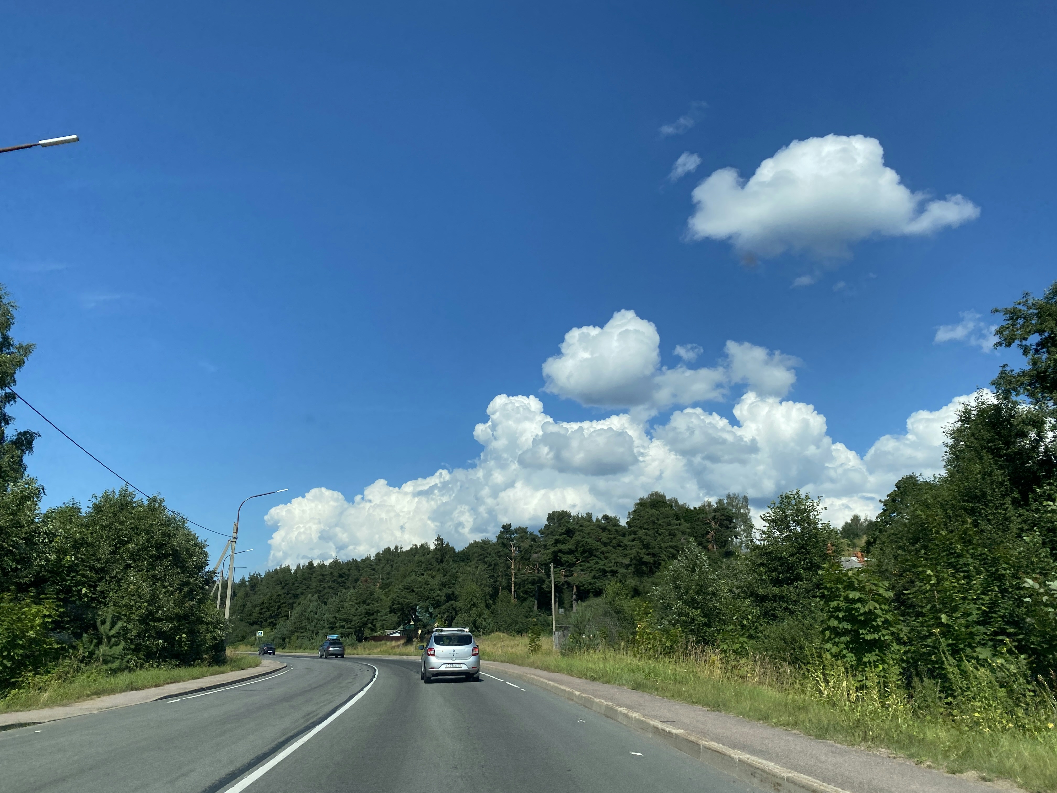 A road leads through lush greenery and a blue sky.