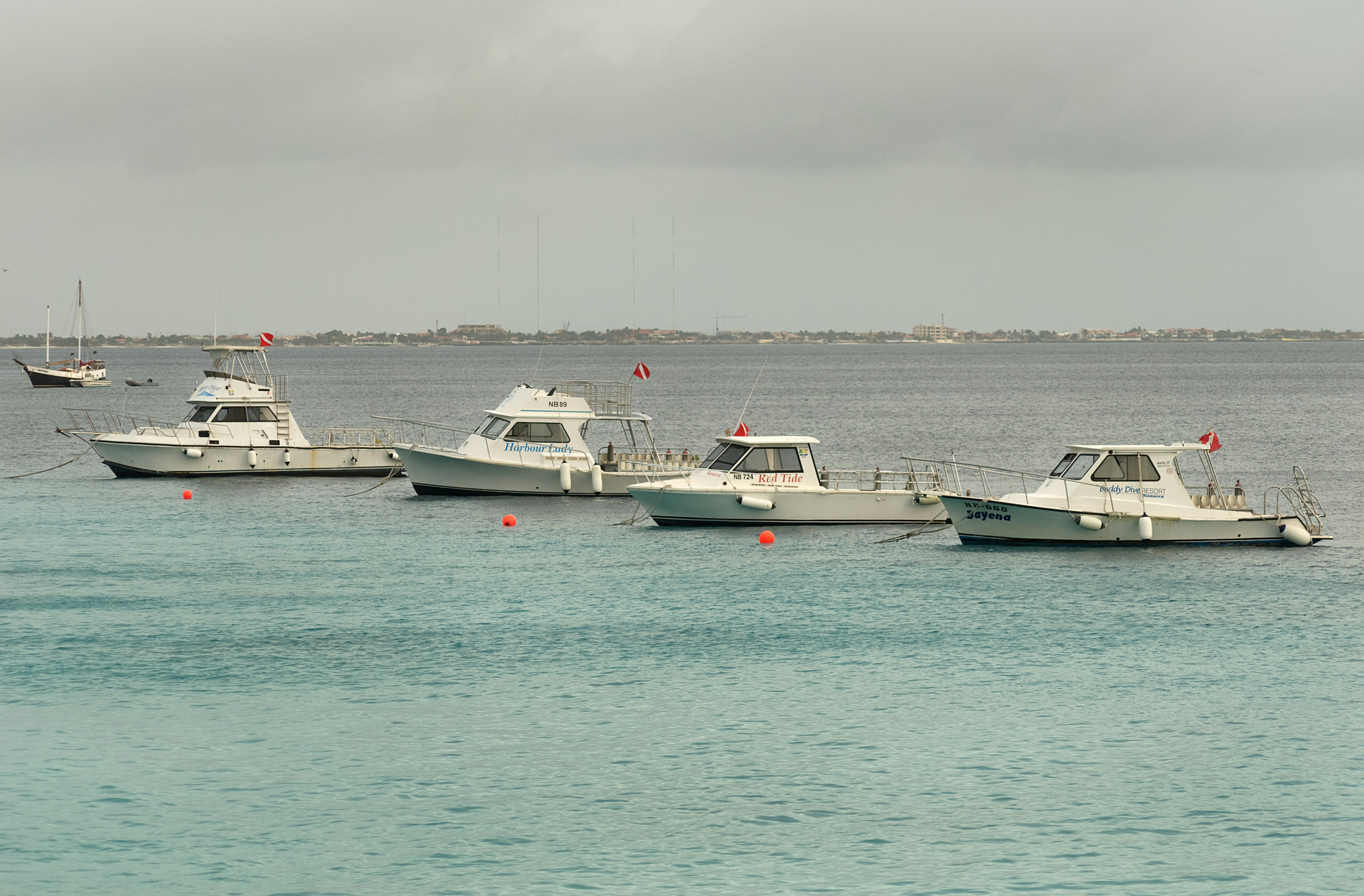 Scuba diving boats at anchor | Boats are anchored in the calm, blue ocean.