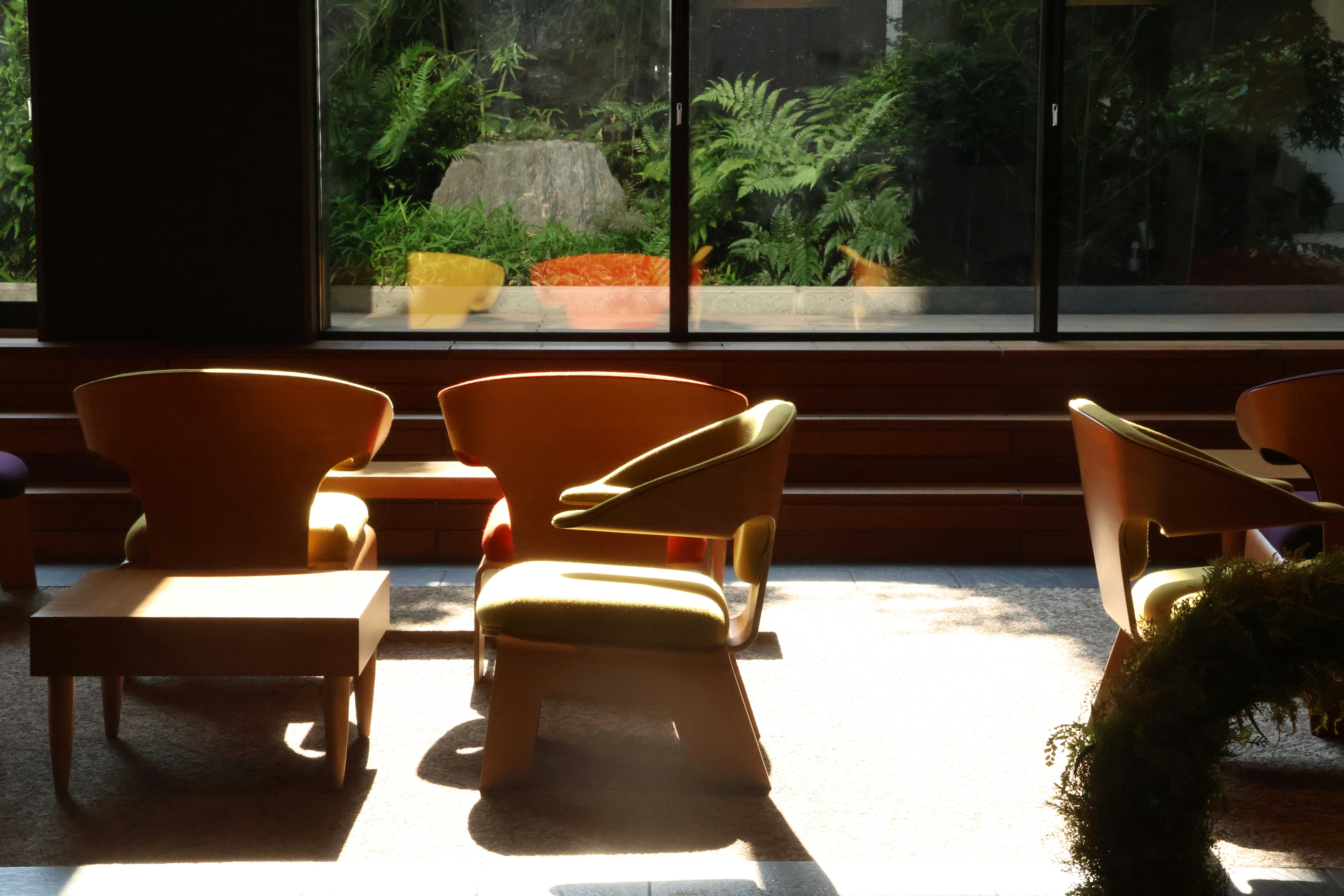 Chairs sit in a sunny waiting area.