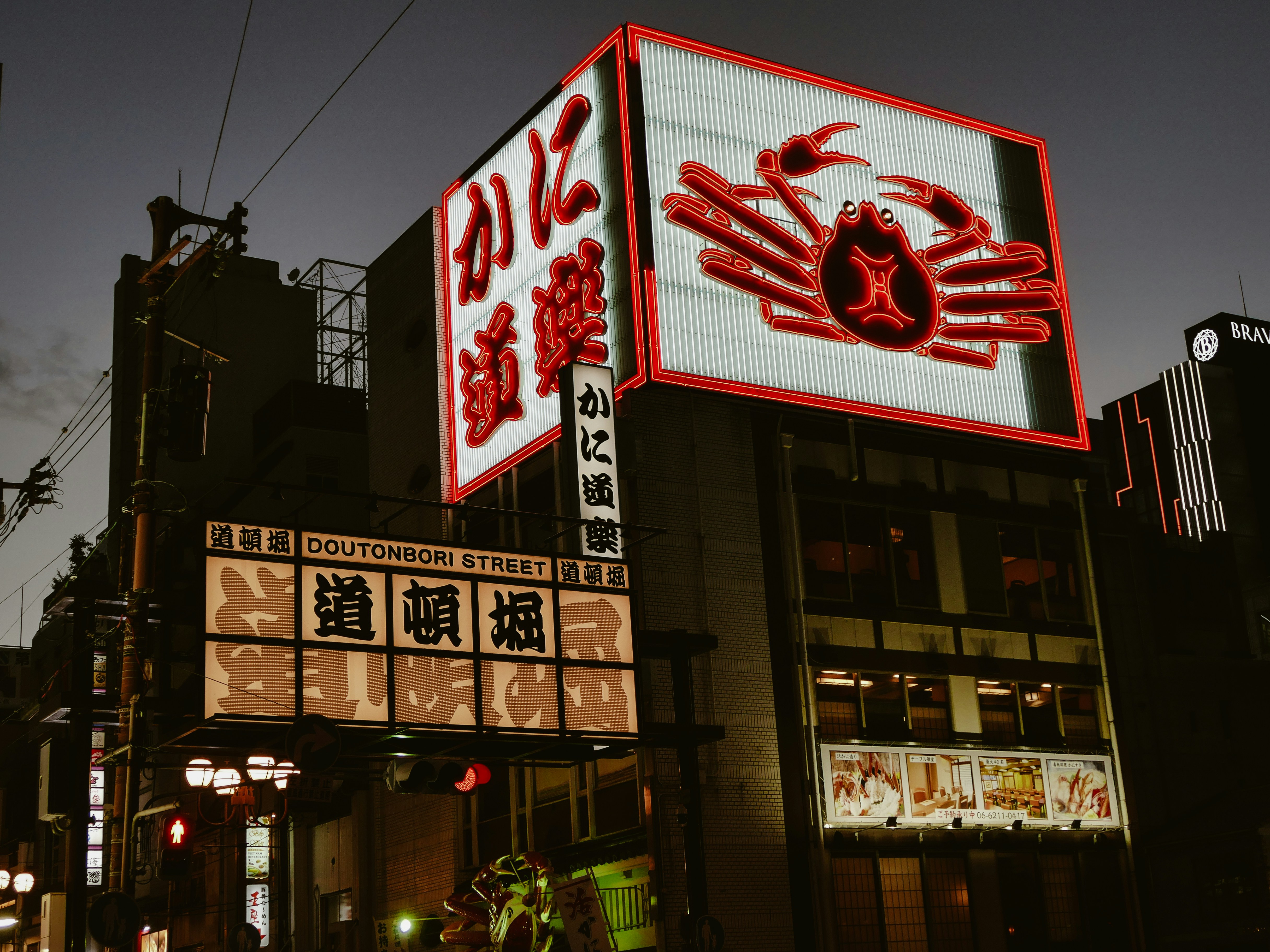 Neon lights in Osaka at night | A japanese crab restaurant illuminated at dusk.
