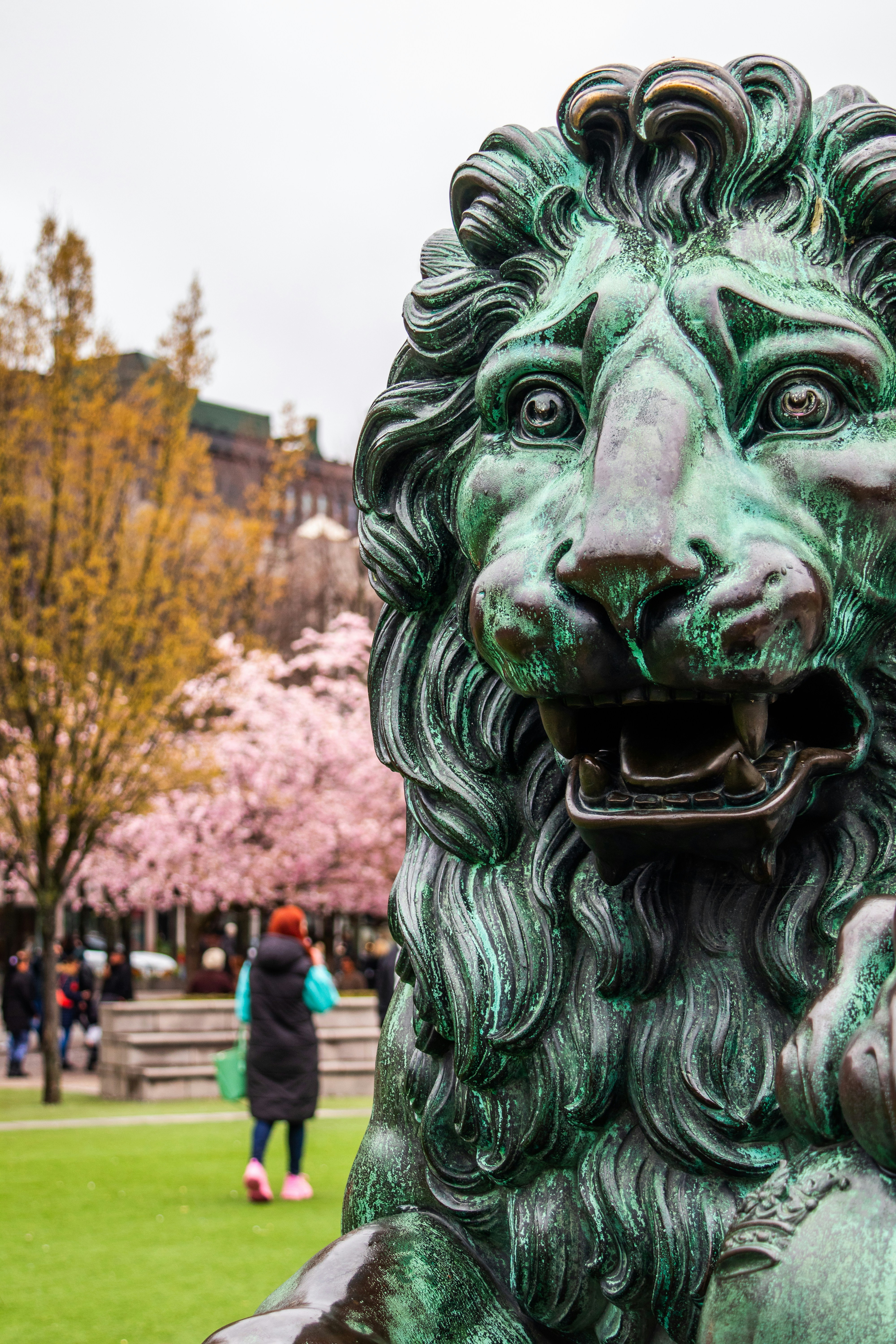 Emerald Guardian in the Park: A Close-Up of the Green Lion Sculptural Face